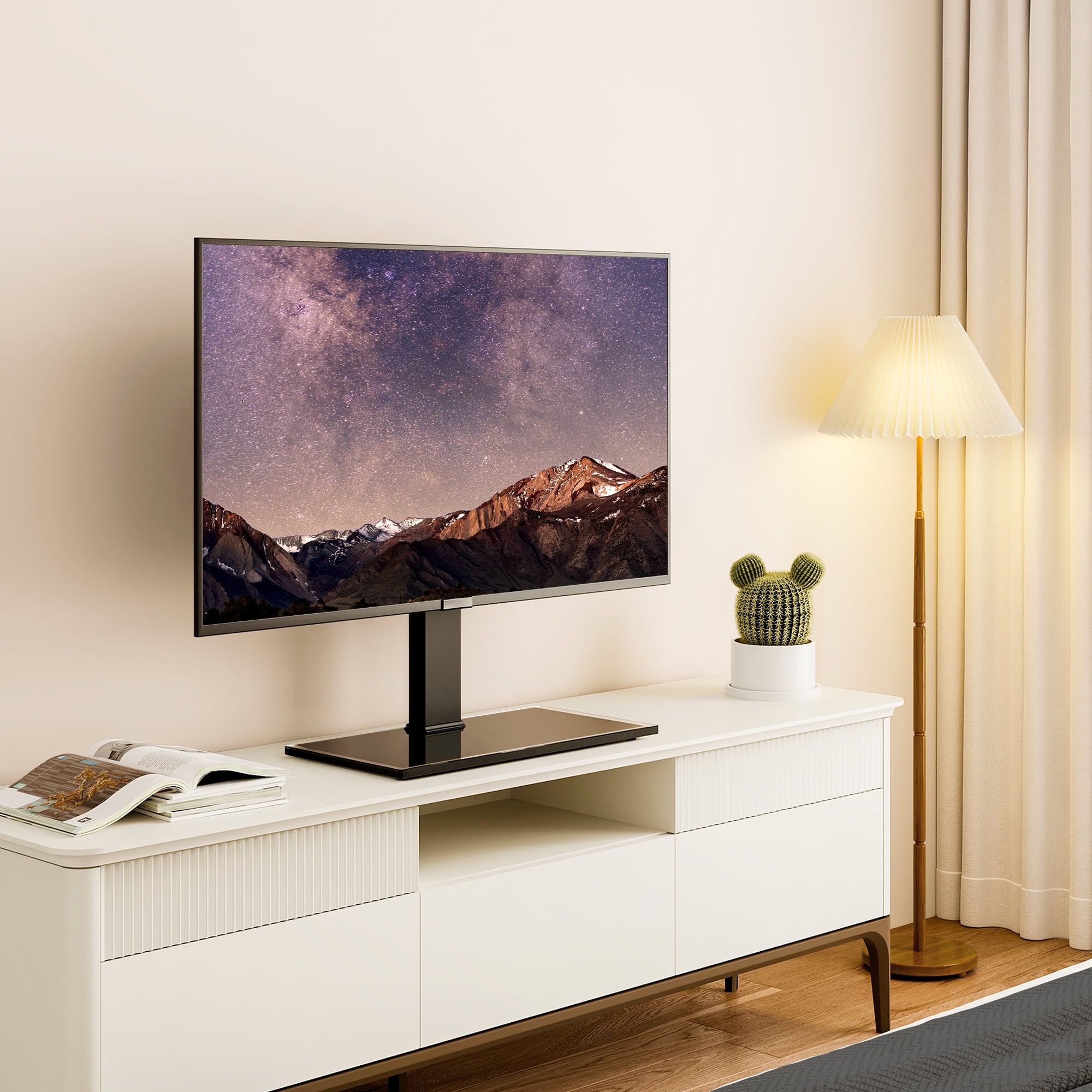 FITUEYES Universal Table Top TV Stand Mount Height Adjustable with Tempered Glass Base for 40 75 inch TVs Hold Up to 88lbs
