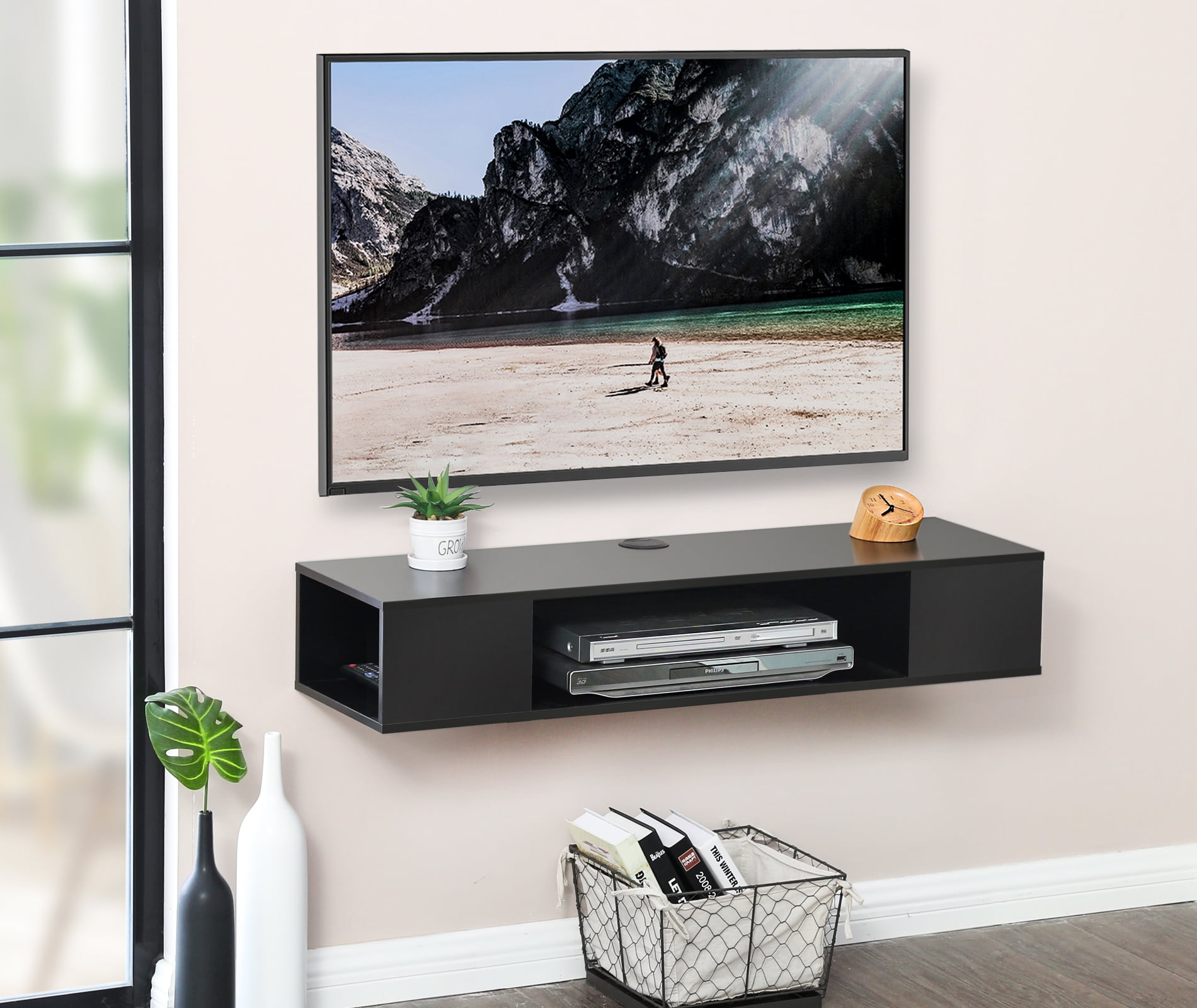 FITUEYES Wood Wall Mounted Floating TV Stand for TVs Up to 55", Black ...