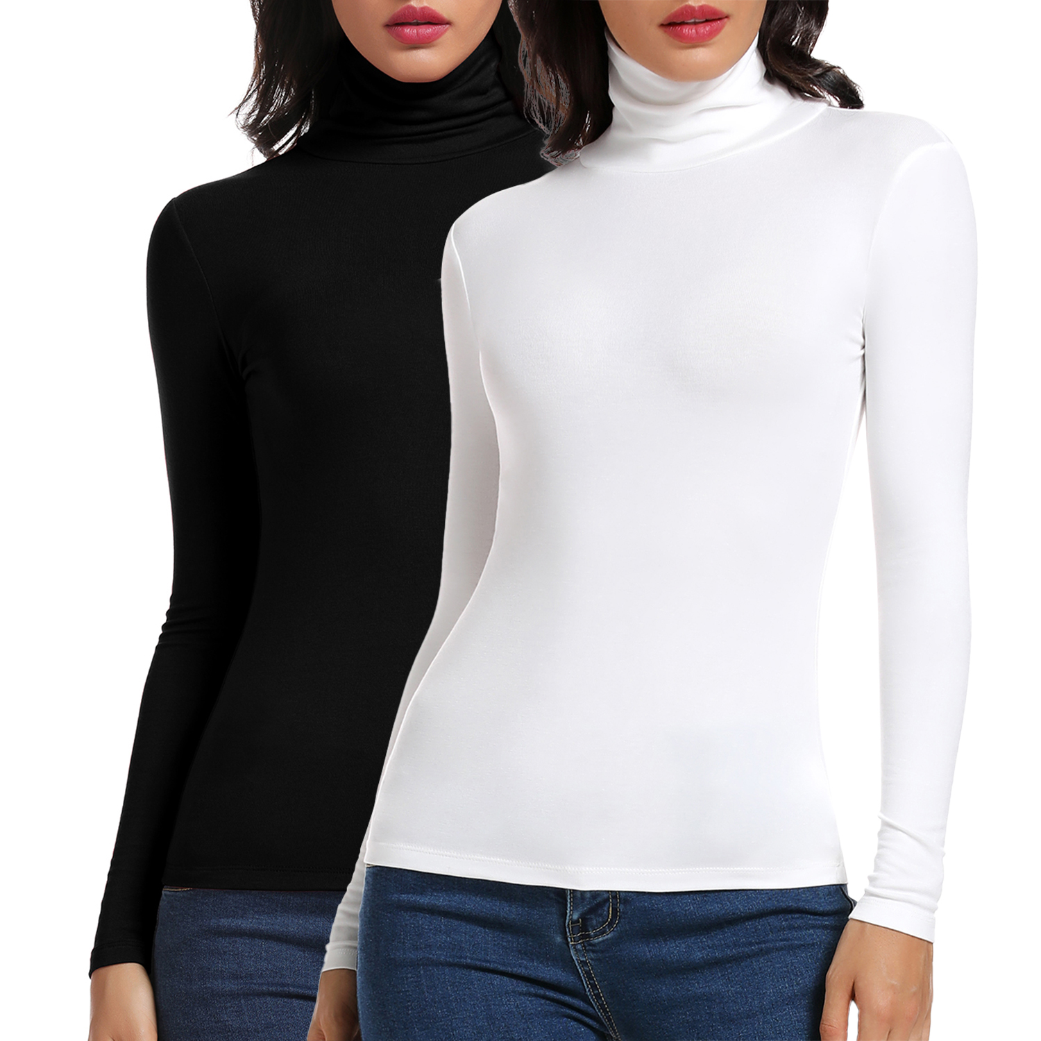 MixMatchy Women's Basic Long Sleeve High Turtle Neck Slim Fit Top Shirt ...