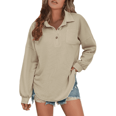 Oplxuo Dressy Casual Waffle Tops for Women Button Up V Neck Long Sleeve ...