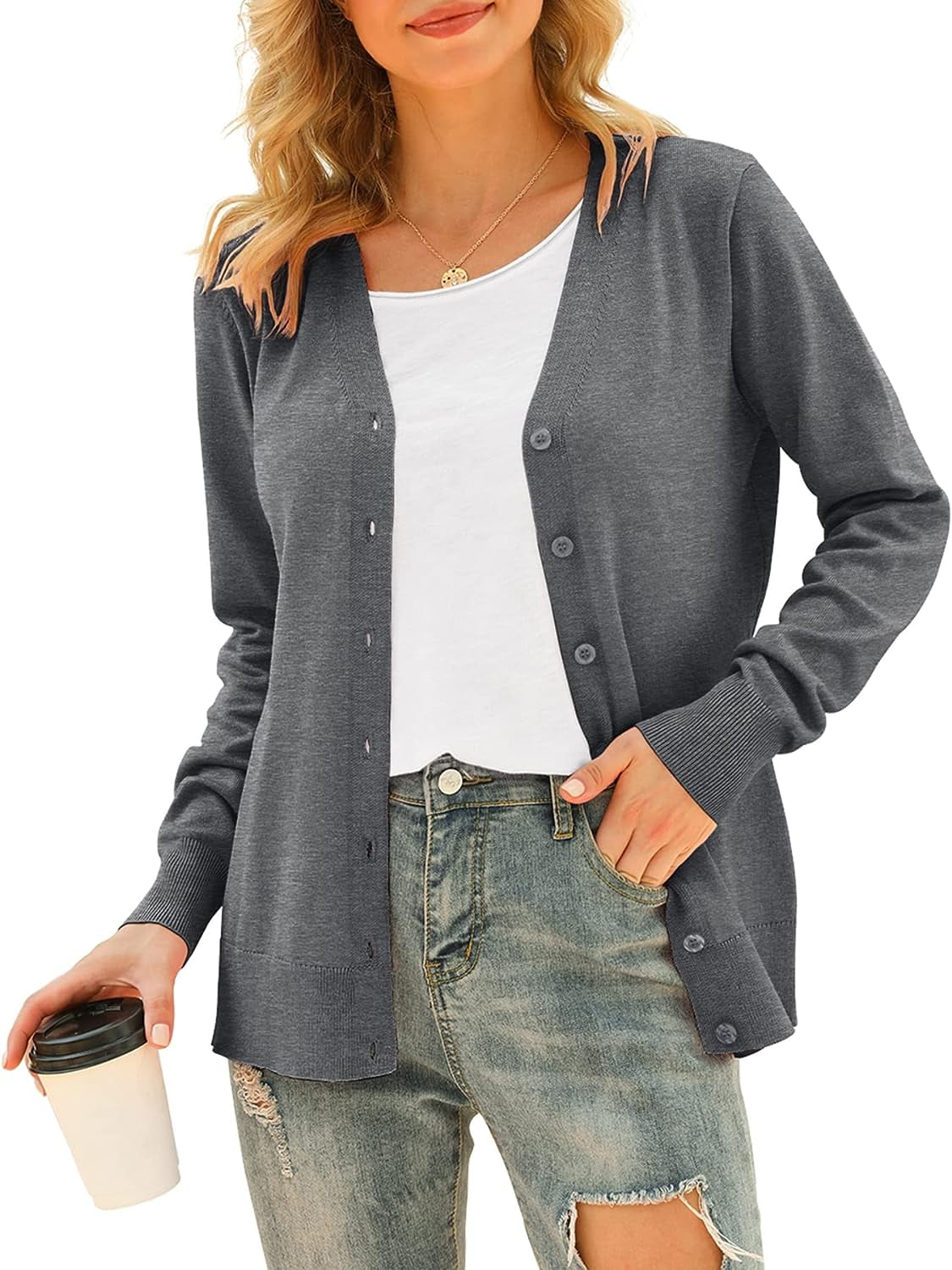 FIUFY Womens Knit Cardigan V-Neck Open Front Button Lightweight ...