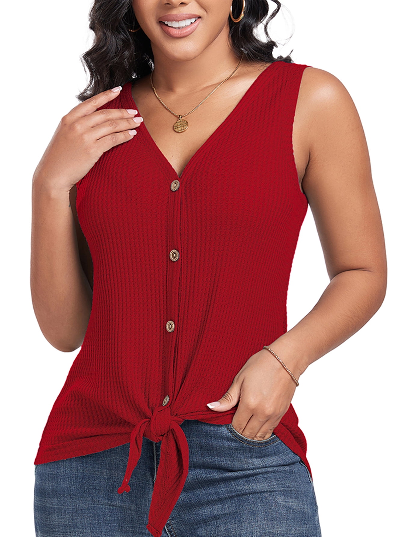 FIUFY Womens Tank Tops Sleeveless Button Down Shirts V Neck Tie Front ...