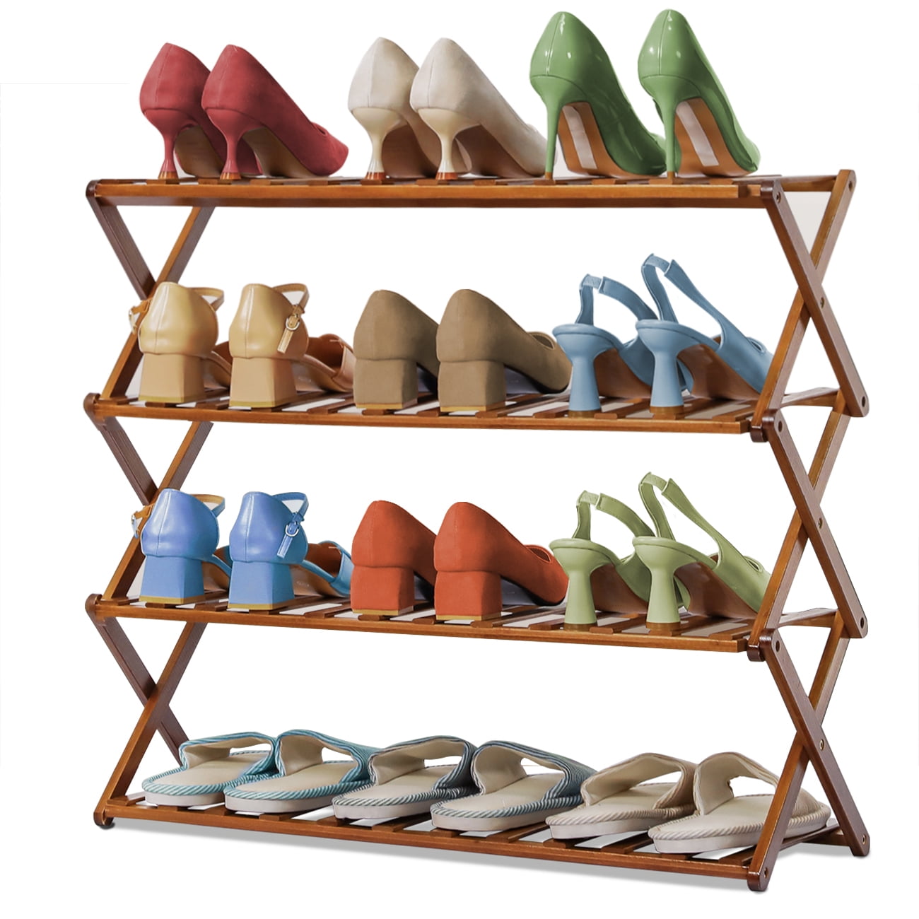 FIUION Bamboo Folding Shoe Rack, 4-Tier Organizer, No Assembly Required ...