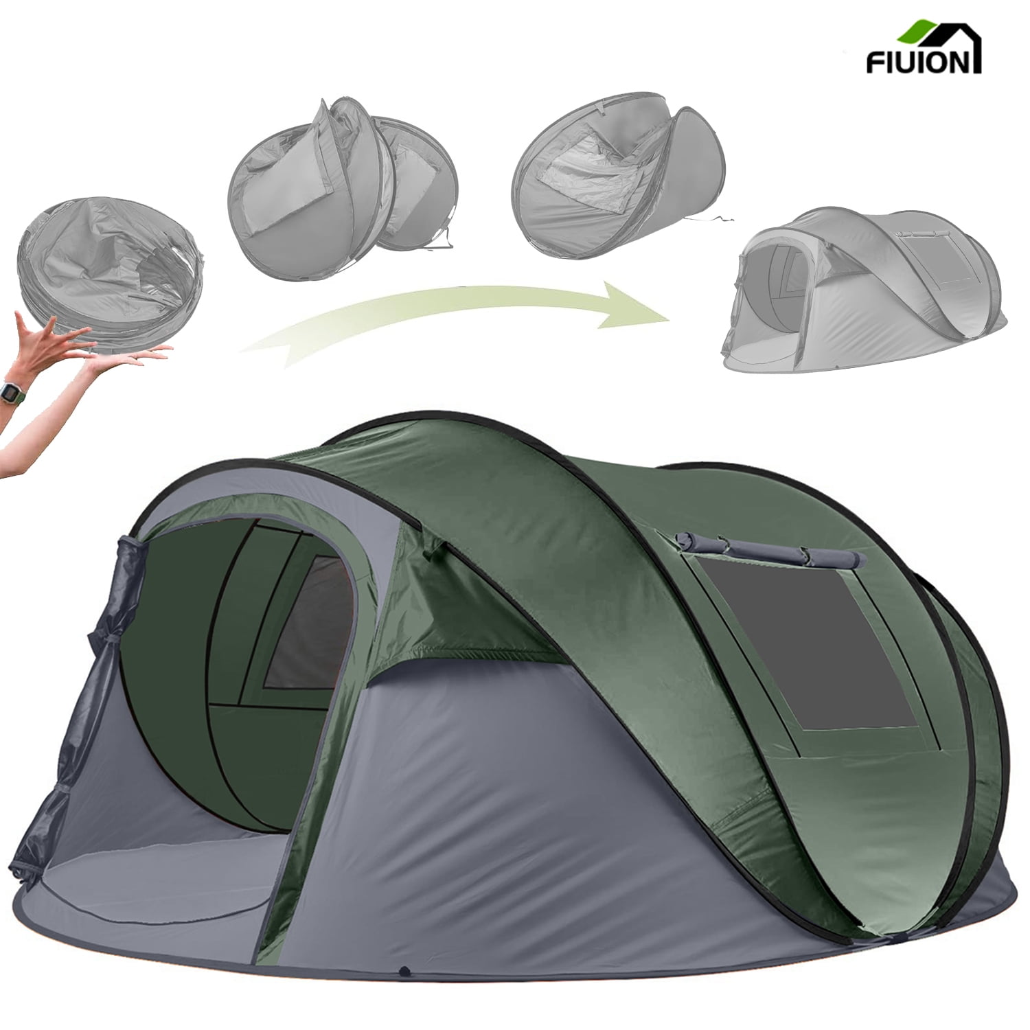 FIUION Easy Setup Waterproof Family Tent, 4-Person Instant Pop Up, Green&Gray - Walmart.com