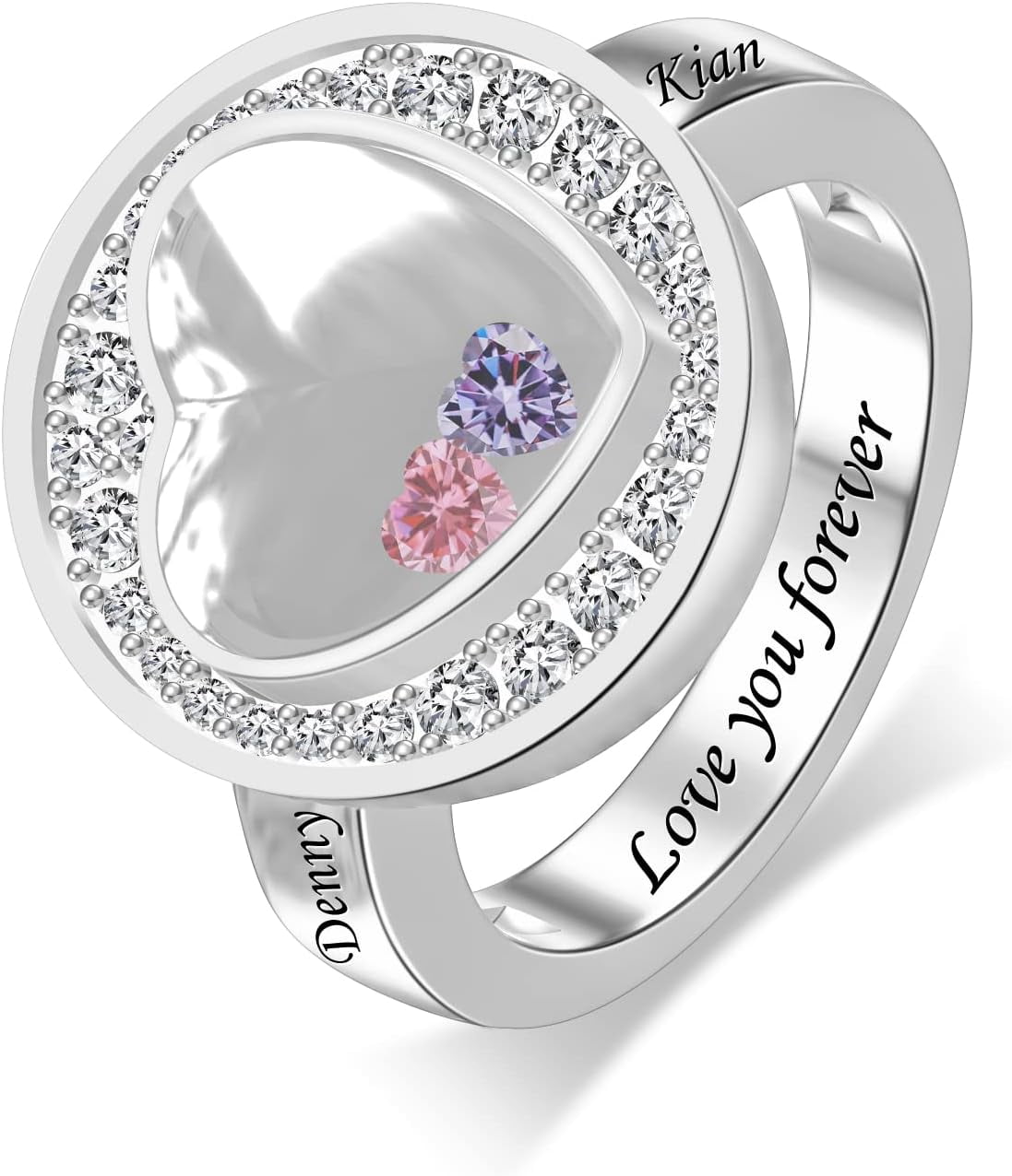 FIUWSFUK Personalized Birthstone Heart Ring with 1-6 Names Engraved ...
