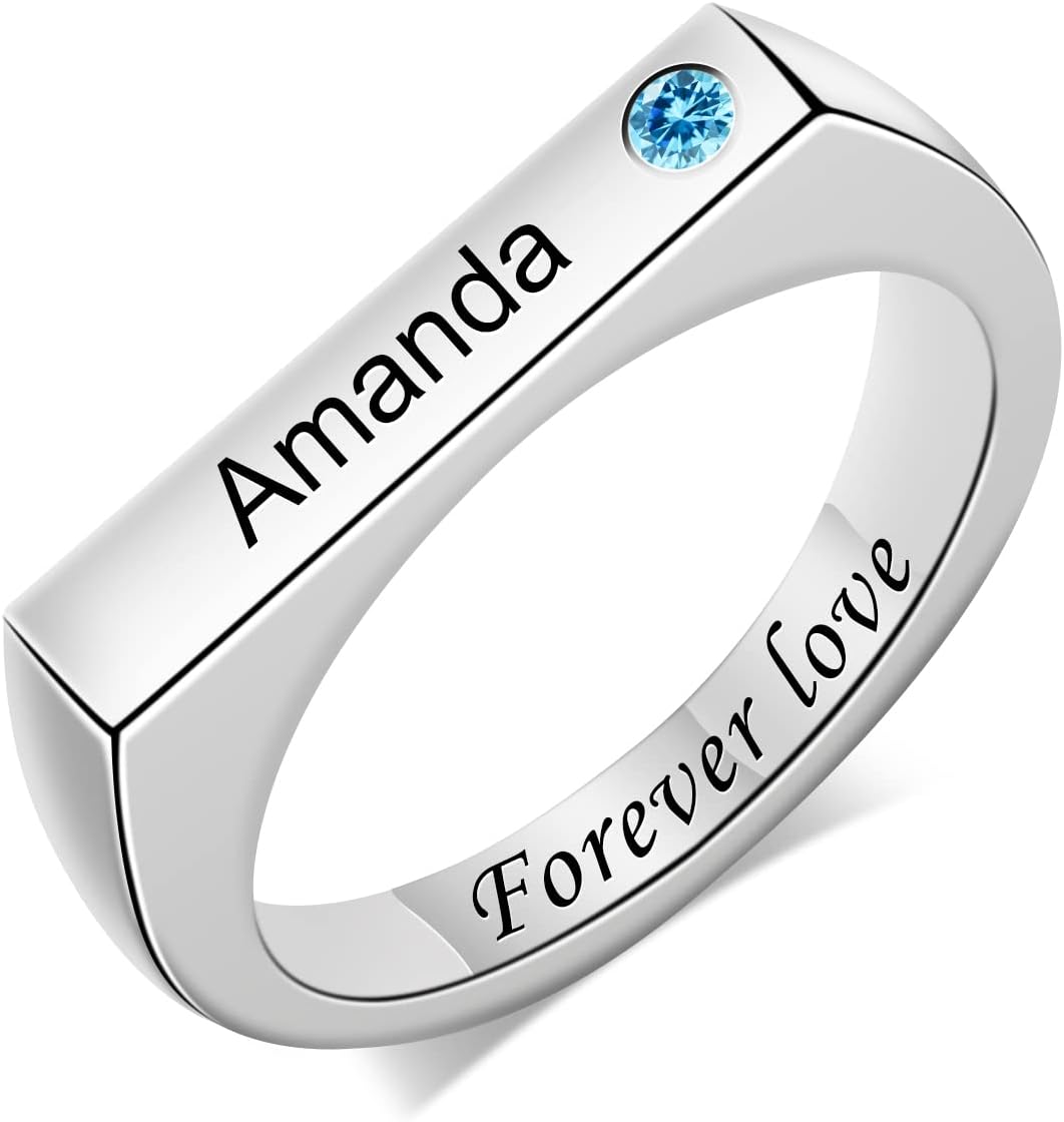 FIUWSFUK Personalized Fathers Ring with Birthstones Engraved Family Rings 925 Sterling Silver ...