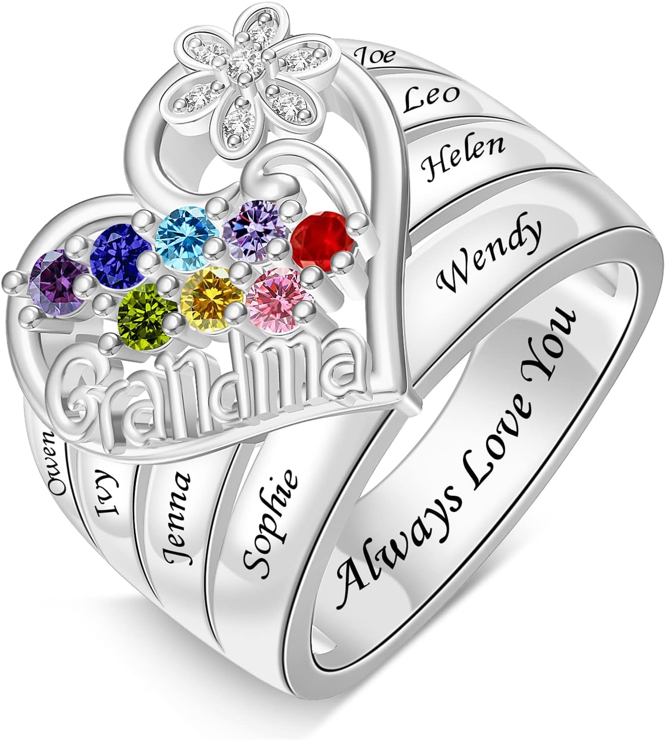 FIUWSFUK Personalized Grandma Ring with 1-8 Birthstones & Names Custom ...