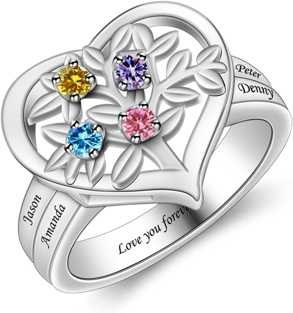 FIUWSFUK Personalized Heart Mother Ring with 1-8 Birthstones Custom ...