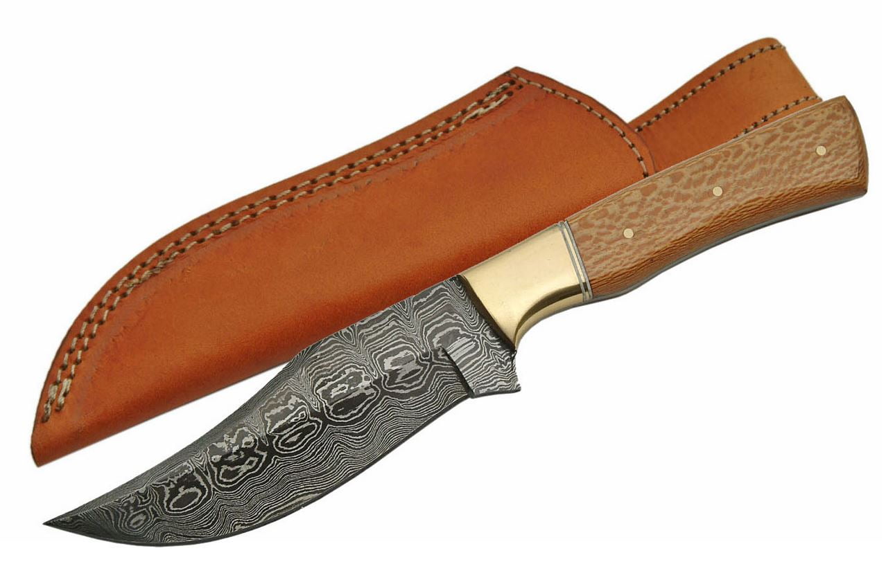 FIXED-BLADE HUNTING KNIFE | 4.75" Damascus Steel Blade Maplewood Handle ...