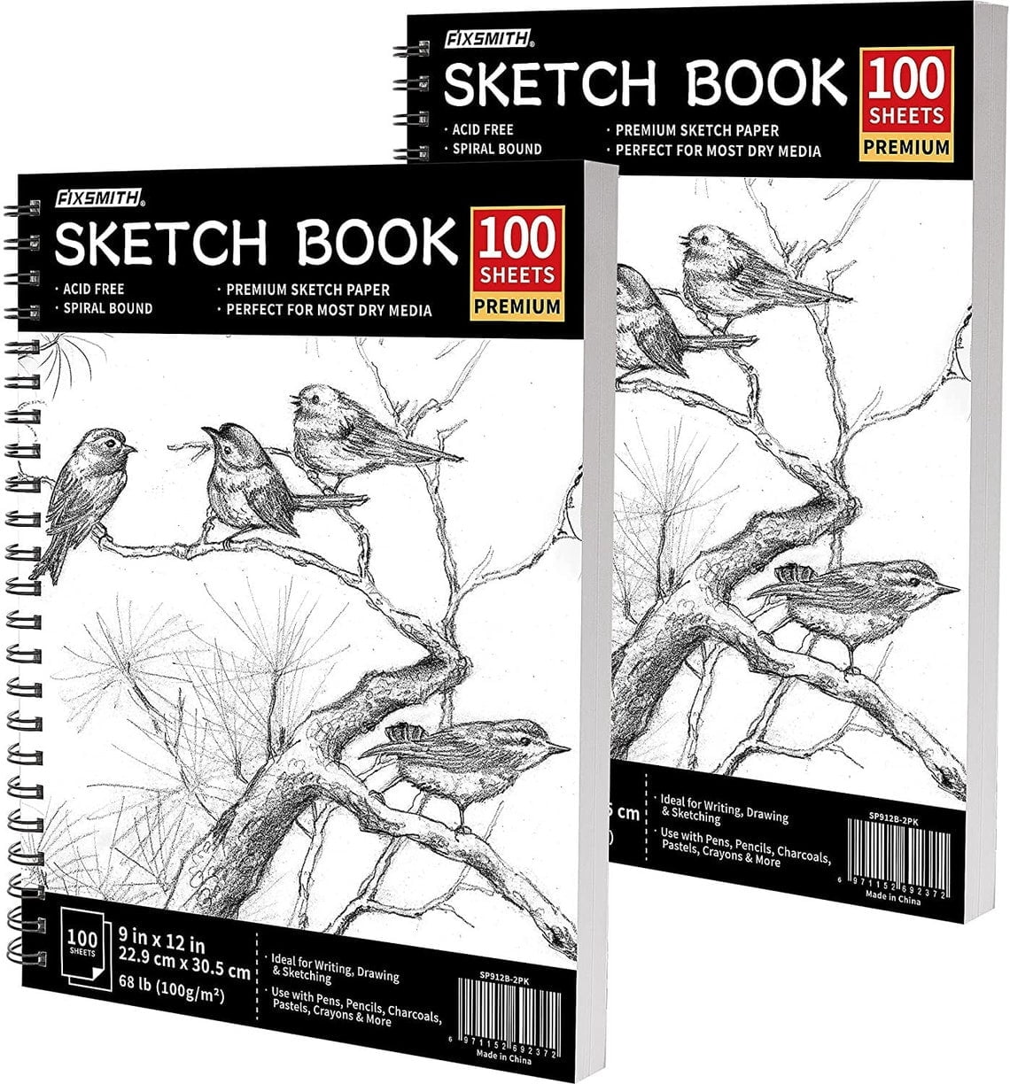 FIXSMITH 9"X12" Sketch Book x2, 100 Sheets Durable Acid Free Drawing ...
