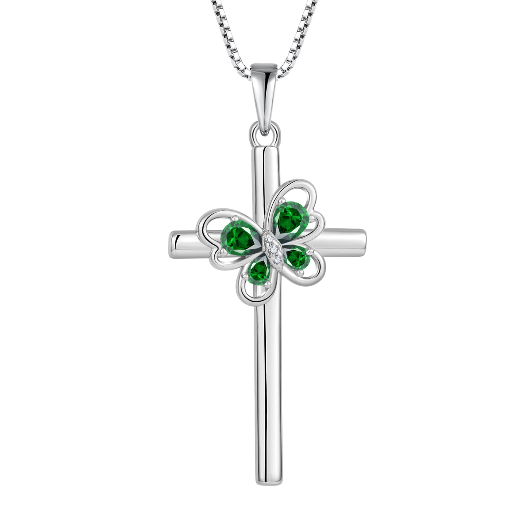 FJ Butterfly Cross Necklace 925 Sterling Silver Emerald Pendant May ...
