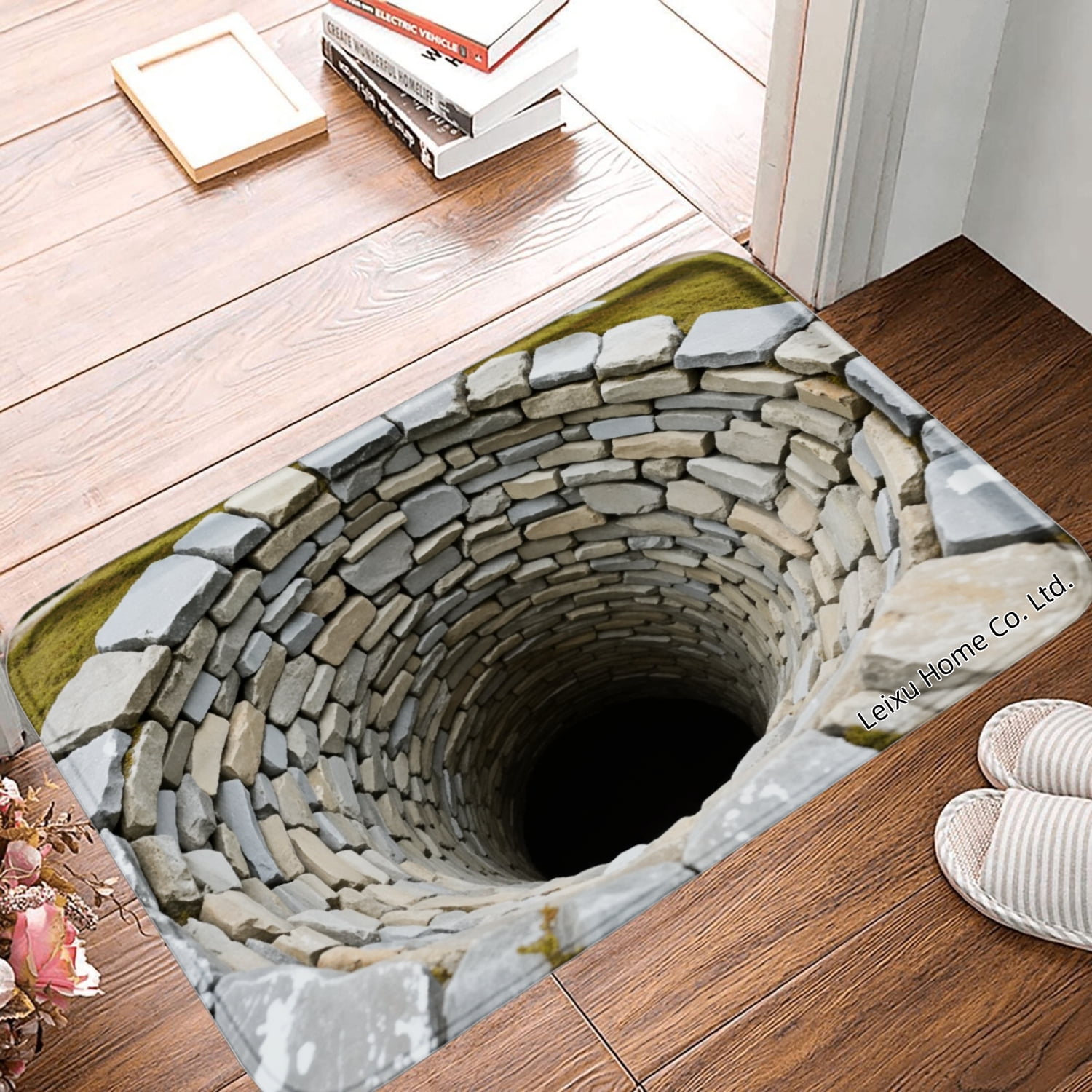 FJPT 3D Illusion Stone Well Non Slip Flannel Polyester Floor Mat For ...