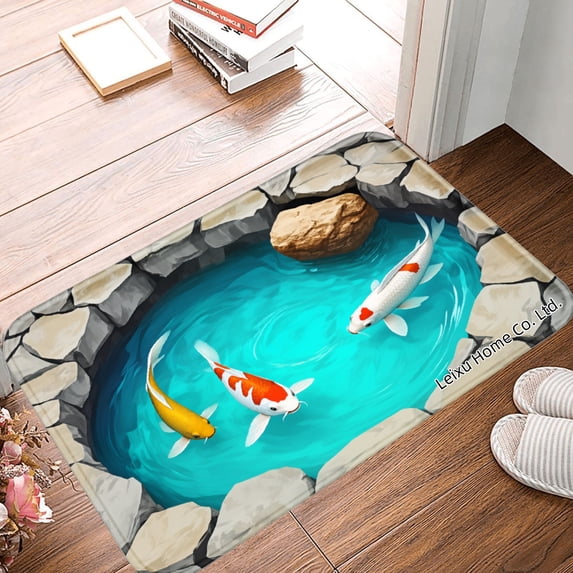FJPT 3D Koi Fish Pond Floor Mat Kitchen Mat Non Slip Flannel For ...
