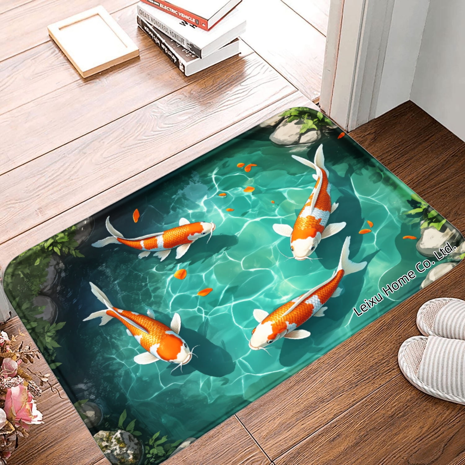 FJPT Non Slip Flannel Floor Mat Kitchen Mat Koi Fish Pond Design For ...