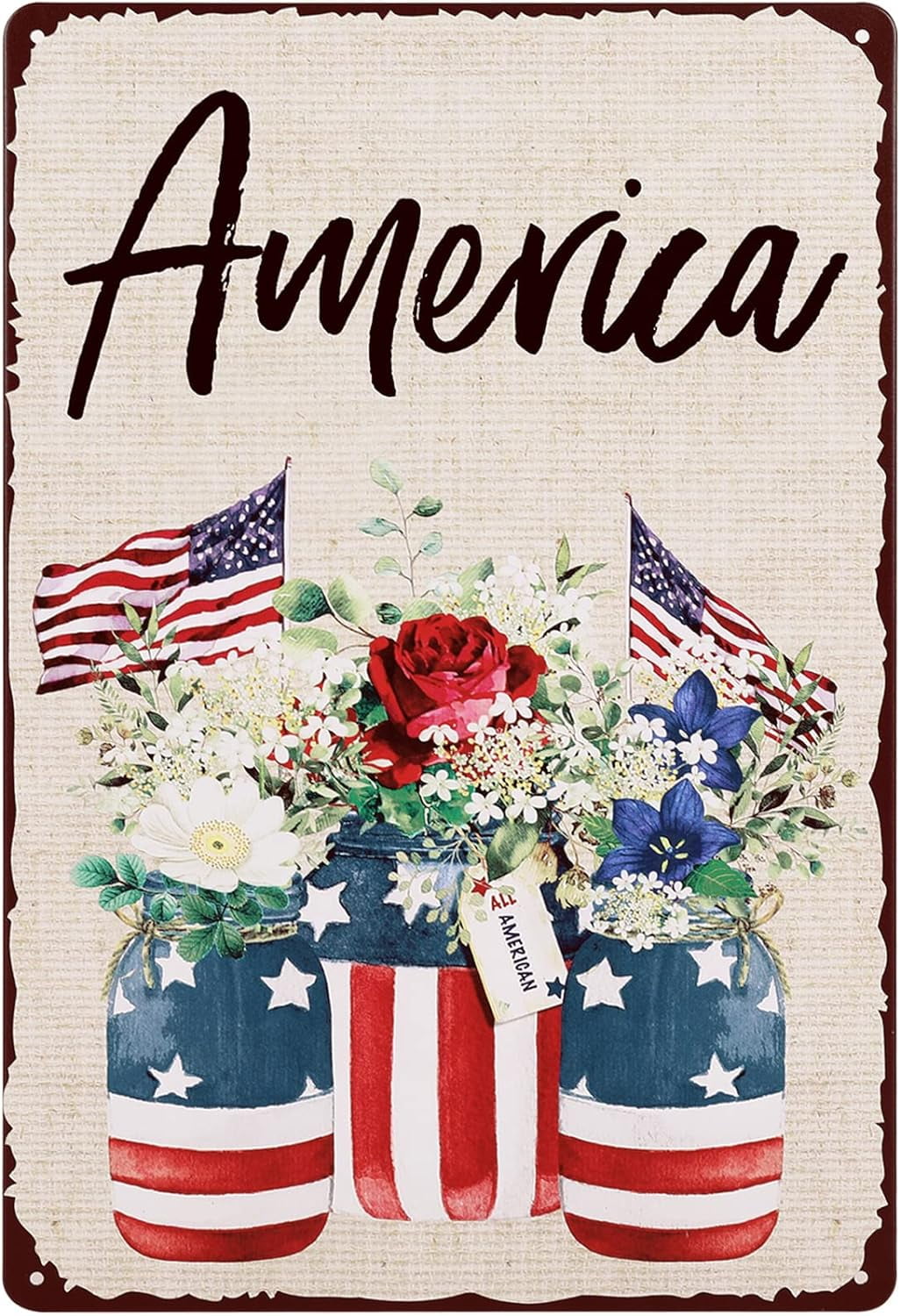 FJPT Patriotic Tin Sign American Flag Vase Printed Metal Sign 4th of ...