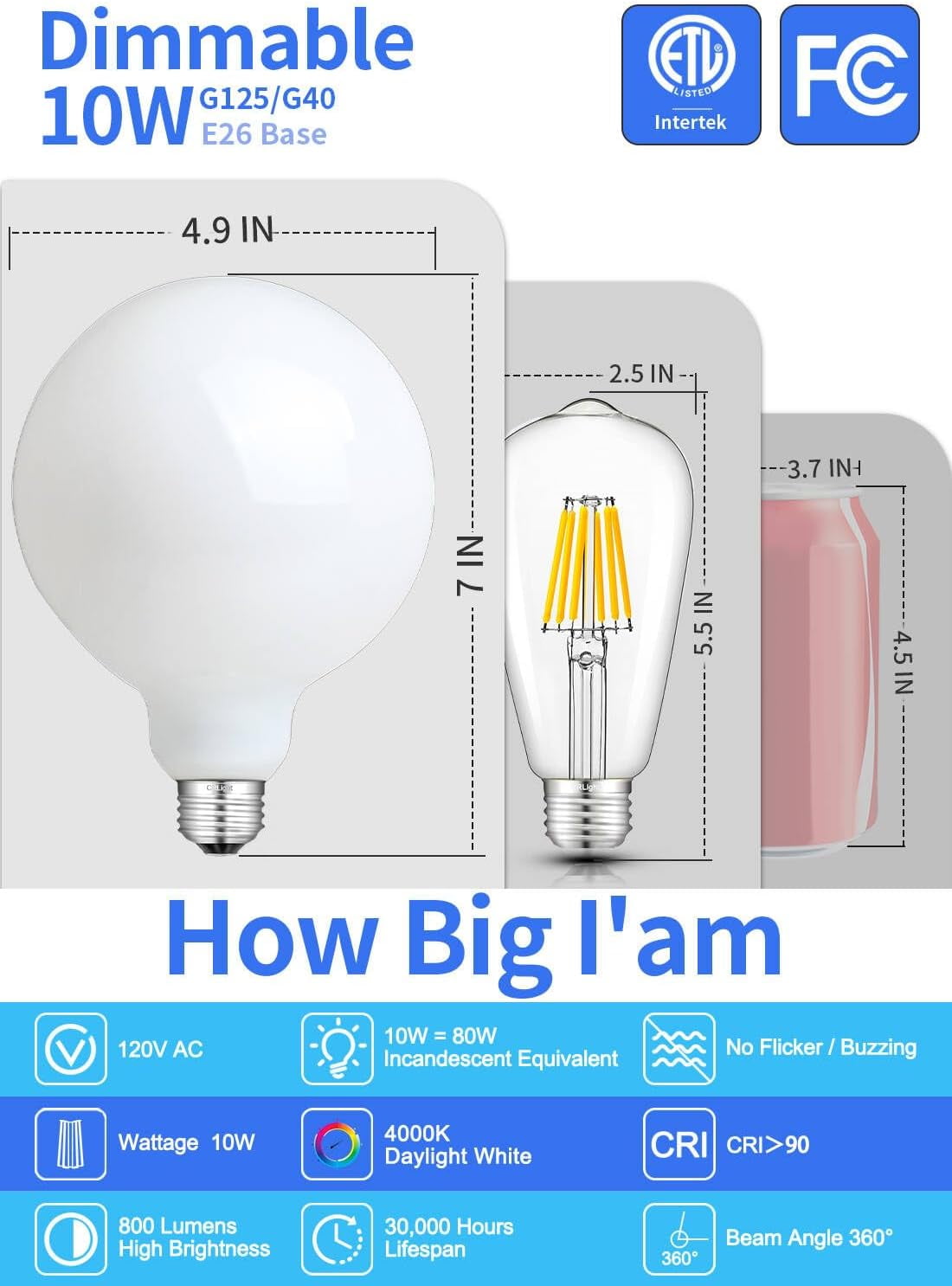 FJSHN-10W Dimmable Opal LED Large Globe Bulb 4000K Neutral White, G40 ...
