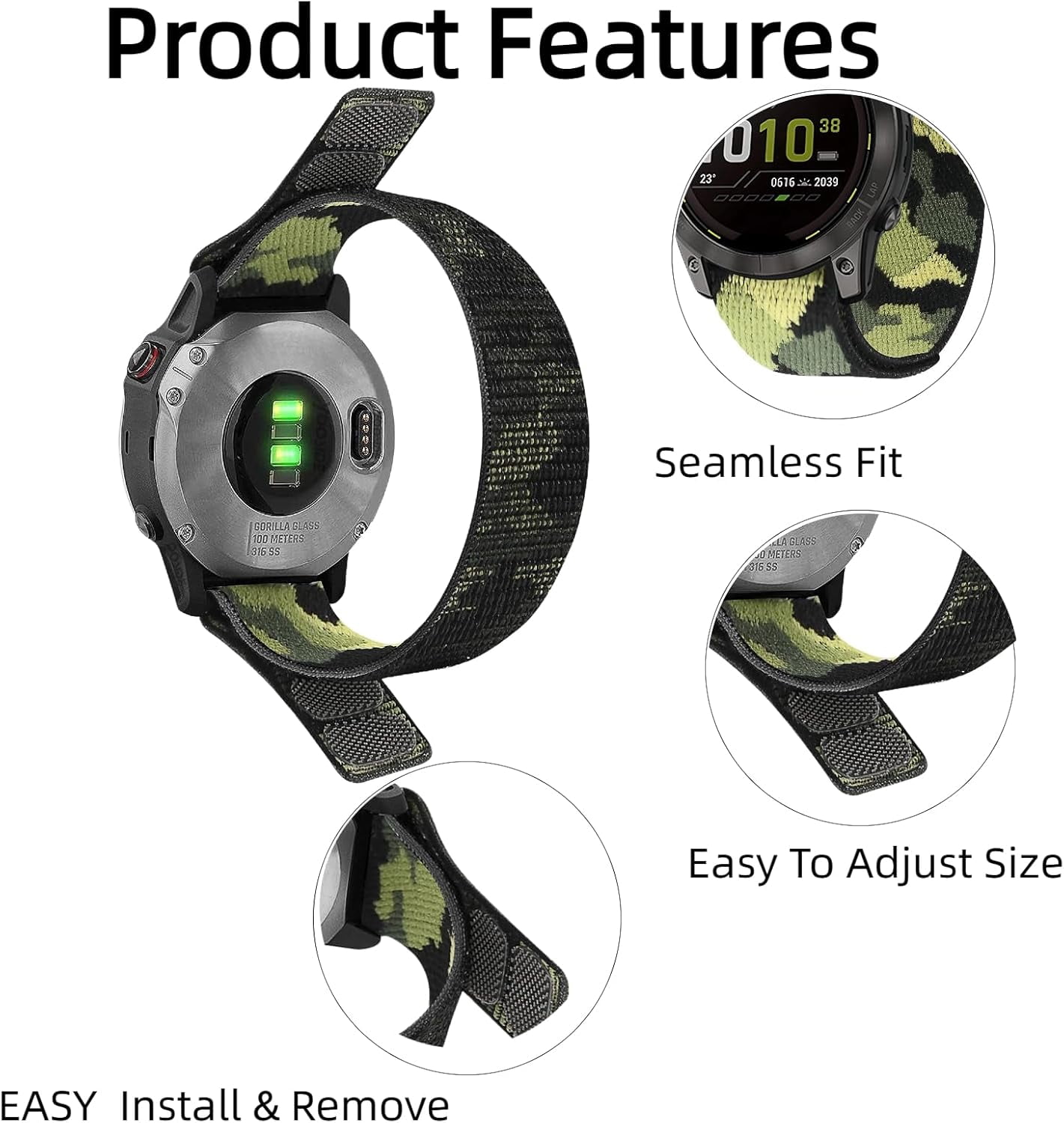 FJSHN-22mm Hook and Loop Quick Fit Nylon Watch Bands for Garmin watch ...