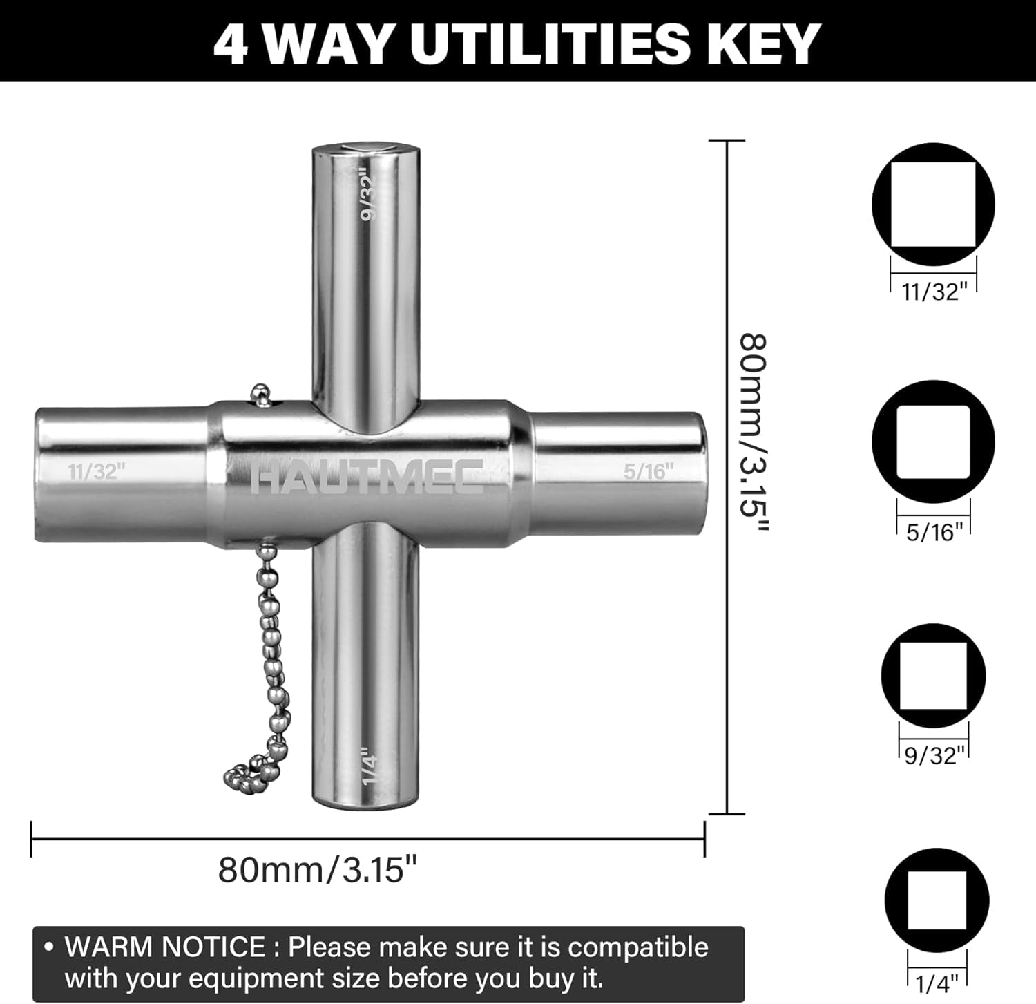 FJSHN-4 Way Sillcock Water Key, 1/4", 9/32", 5/16", 11/32" Steel Multi ...