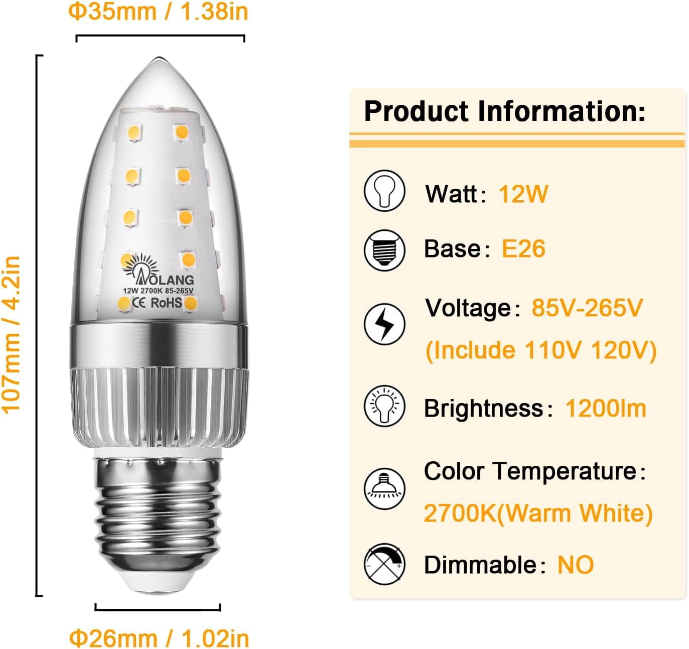 FJSHN-E26 LED Candelabra Bulb, 12W LED Candle Bulbs,100-Watt Light ...