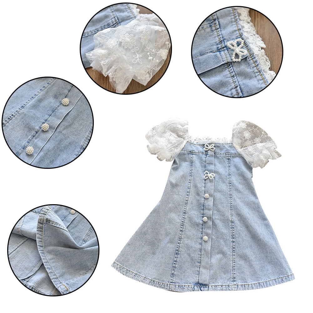 FJUCHAI Girls Toddlers Puff Sleeve Lace Mesh Denim Dress A-Line Casual ...