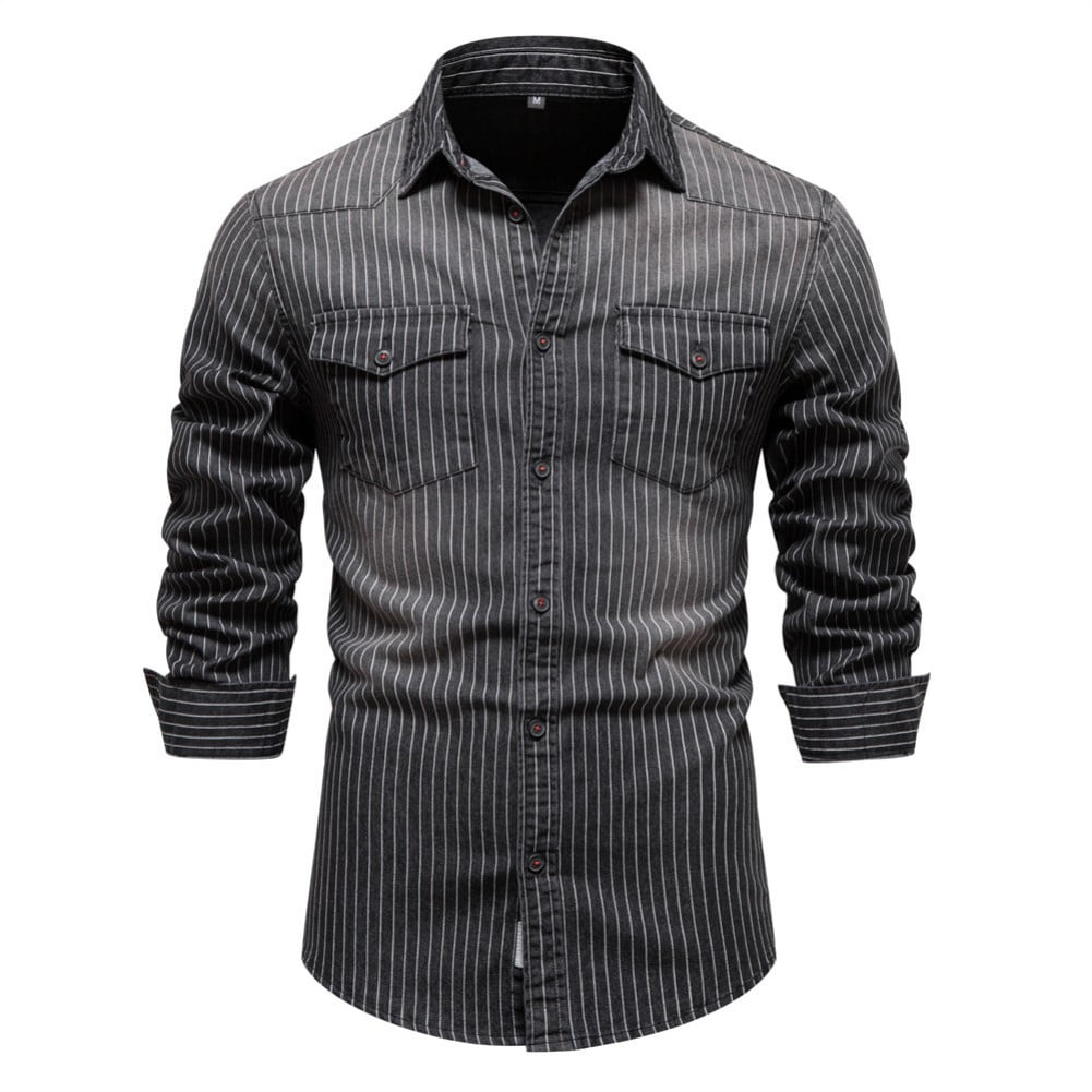 FJUCHAI Men's Soft Washed Striped Shirt Relaxed Fit Denim Workwear Long ...