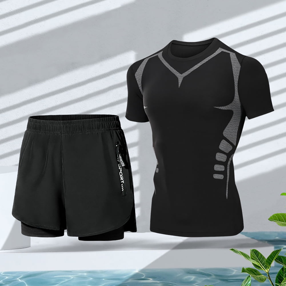 FJUCHAI Men's Summer Swim Shirts Swim Trunks 2PCS Set Mens Rash Guard ...