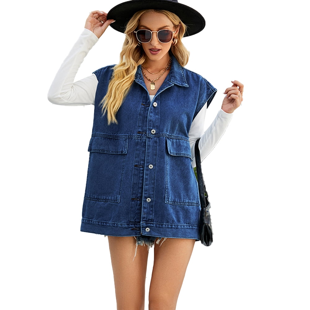 Fjuchai Womens Denim Vest Jacket Summer Solid Color Medium-Length Denim ...
