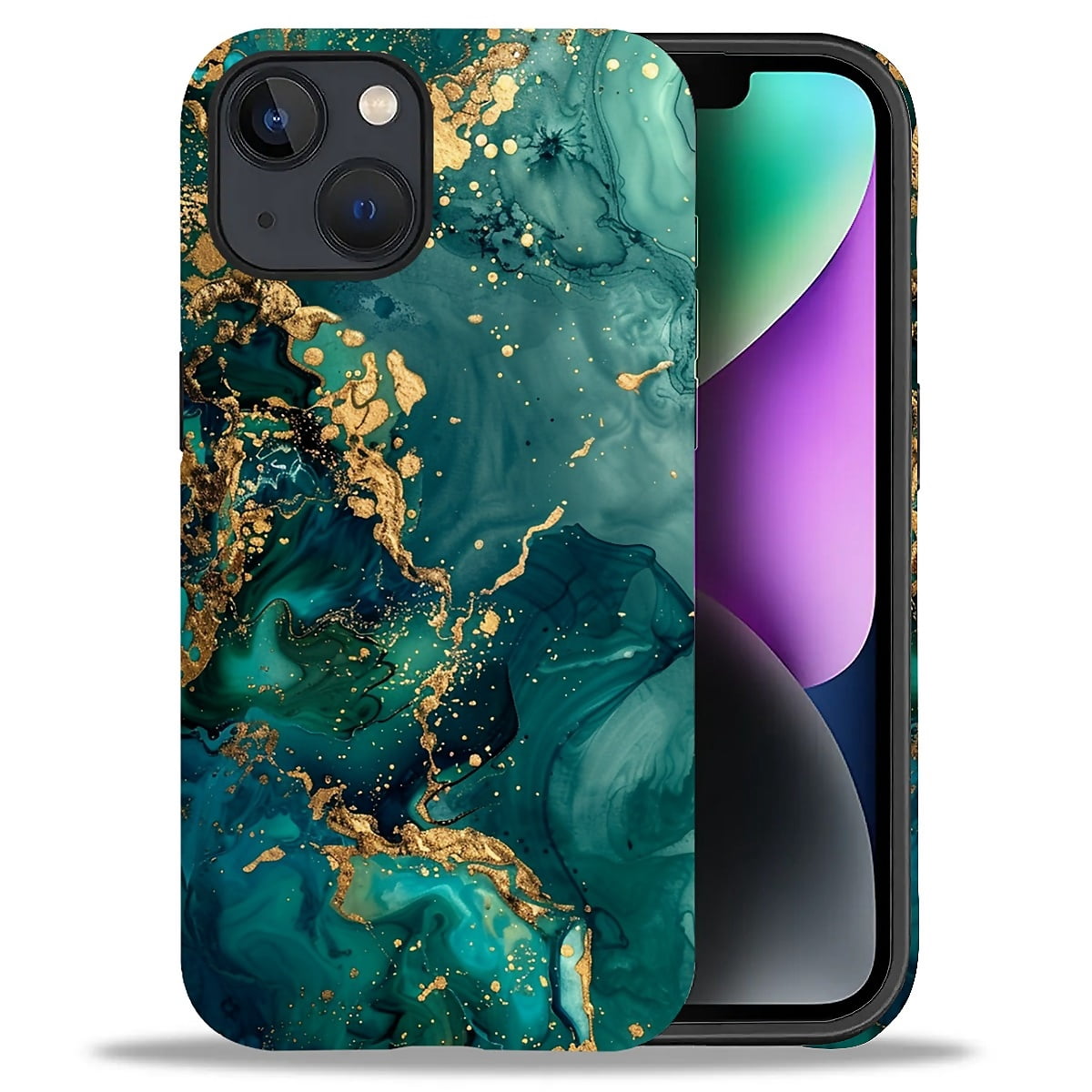 FKBRCL4U Compatible with iPhone 13/iPhone 14 Case, Teal and Gold Marble ...