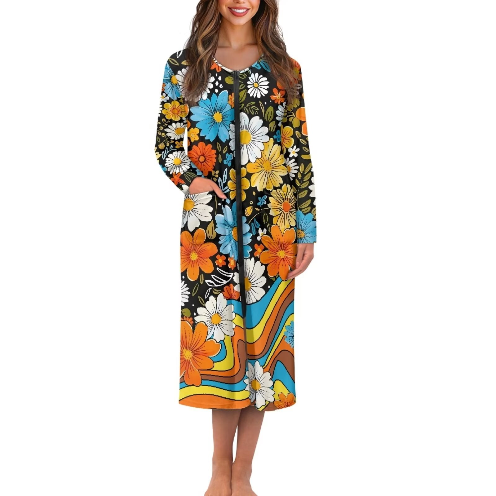 FKELYI 80s 90s Hippie Daisy Flower Print Zipper Front Robes for Women ...