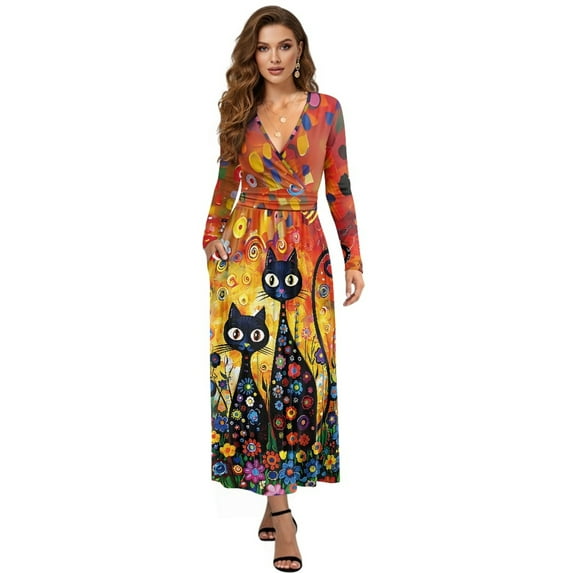 FKELYI Abstract Floral Black Cat Print Fall Maxi Dress for Women Long ...