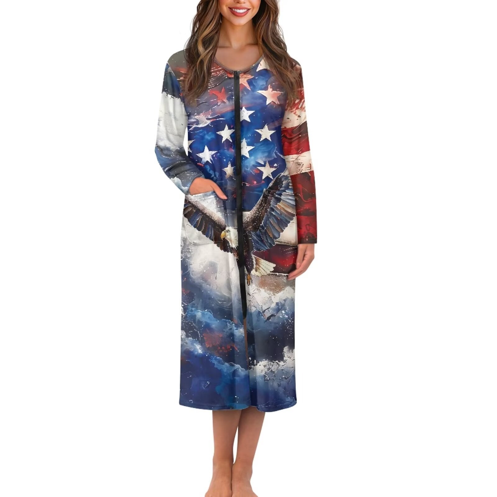 FKELYI American Flag Eagle Print Women's Zip Up Housecoat Comfy ...
