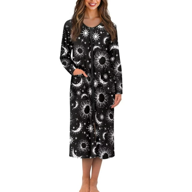 FKELYI Asterism Moon Star Sun Print Women's Zipper Front Robe Comfy ...