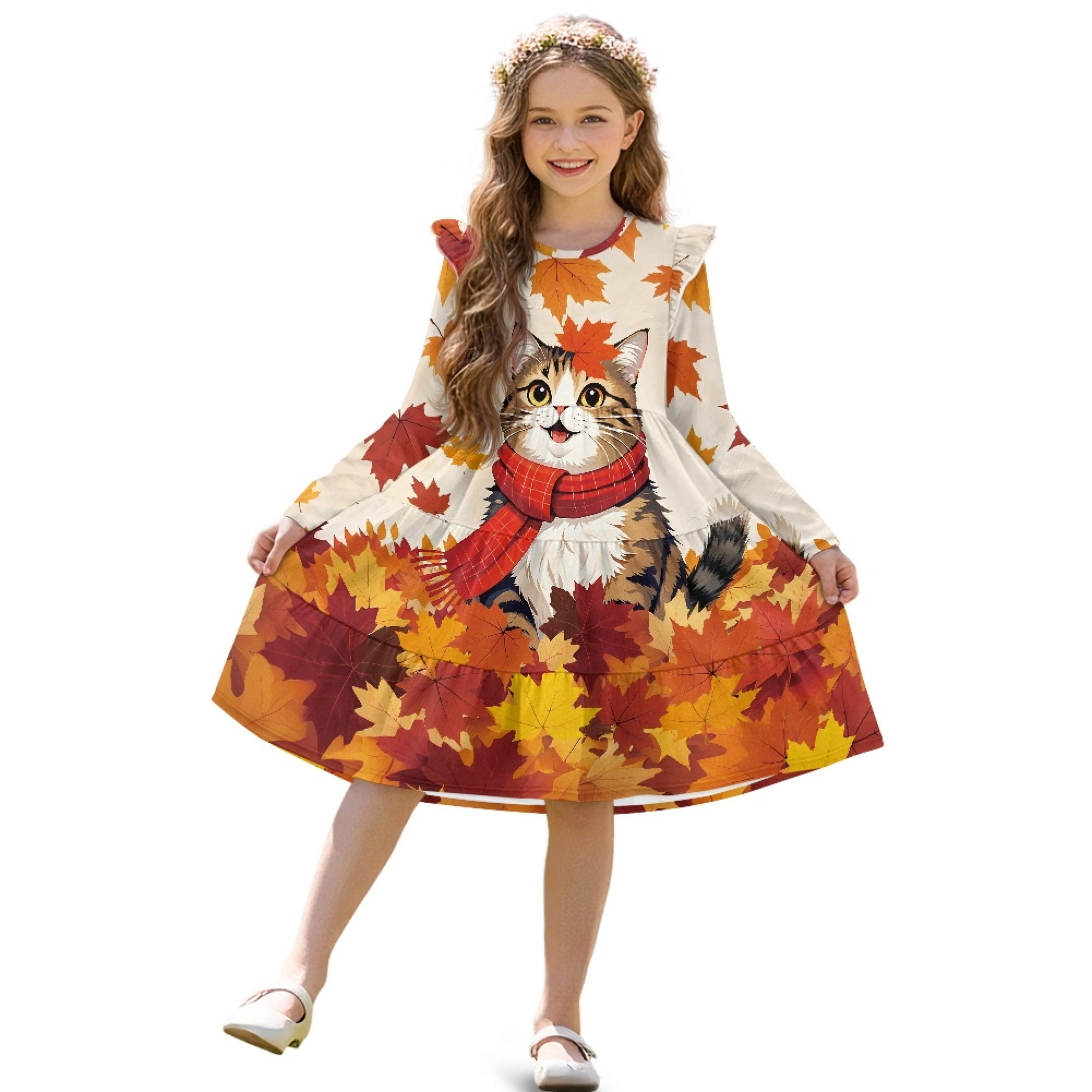 FKELYI Autumn Maple Leaf Cat Print Ruffled Long Sleeve Dress for Girl A ...