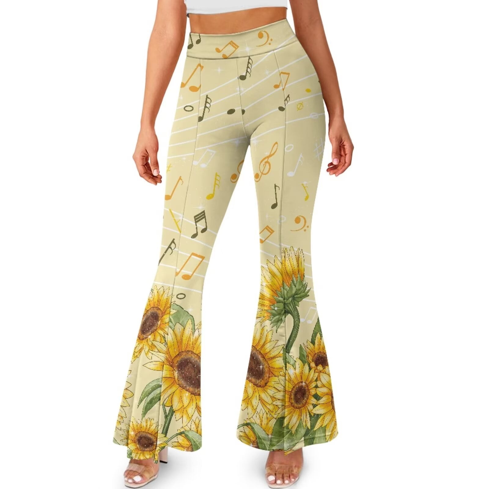 FKELYI Bell Bottom Yoga Pants for Women Sunflower Musical Note Print ...