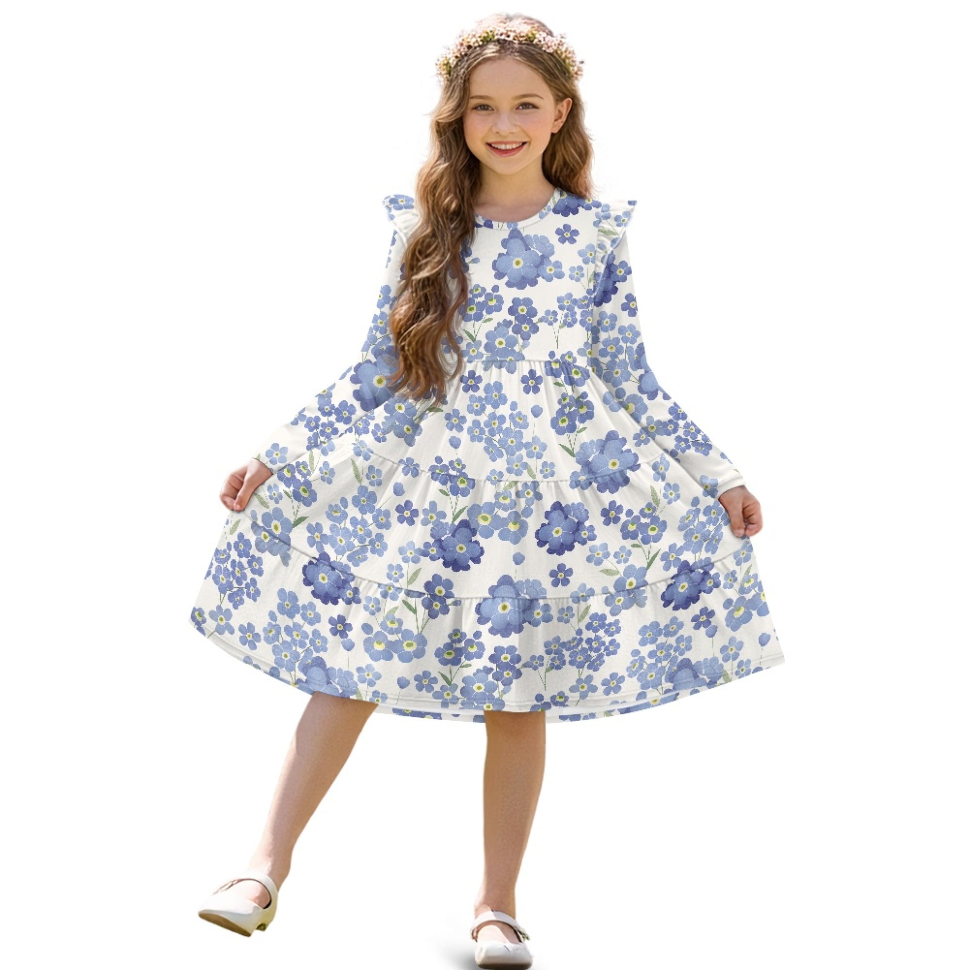 FKELYI Blue Flower Print Toddler Girl Long Sleeve Dresses Breathable A ...