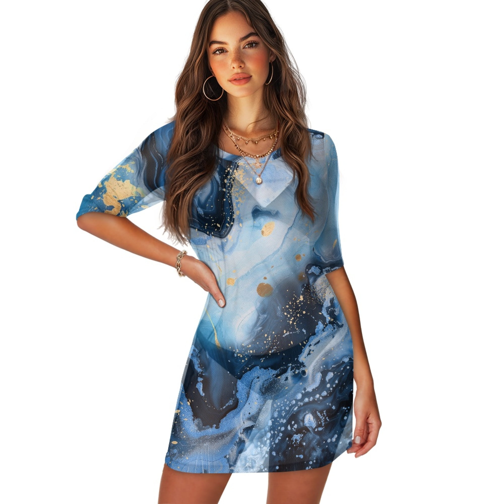 FKELYI Blue Marble Texture Print Women's Swimsuit Cover Up Half Sleeve Beach Cover-Up Round Neck ...