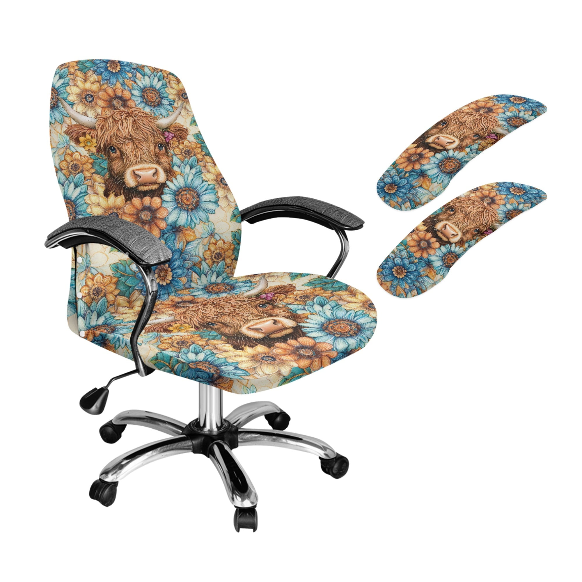 FKELYI Bohemian Floral Highland Cow Print 3 Pcs Set Office Chair Cover with Removable Armrest ...