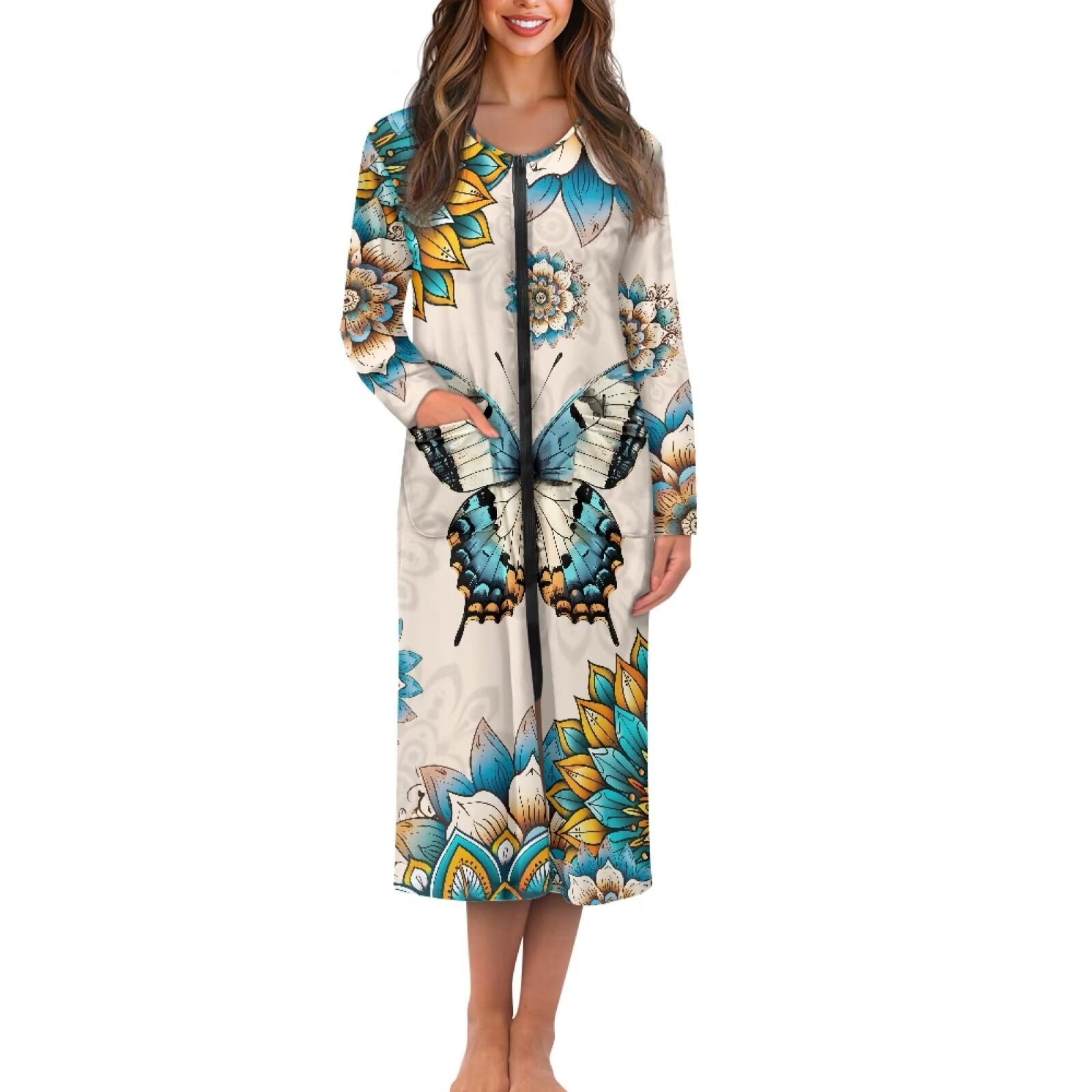 FKELYI Boho Mandala Flower Butterfly Print Zipper Front Robes Long ...