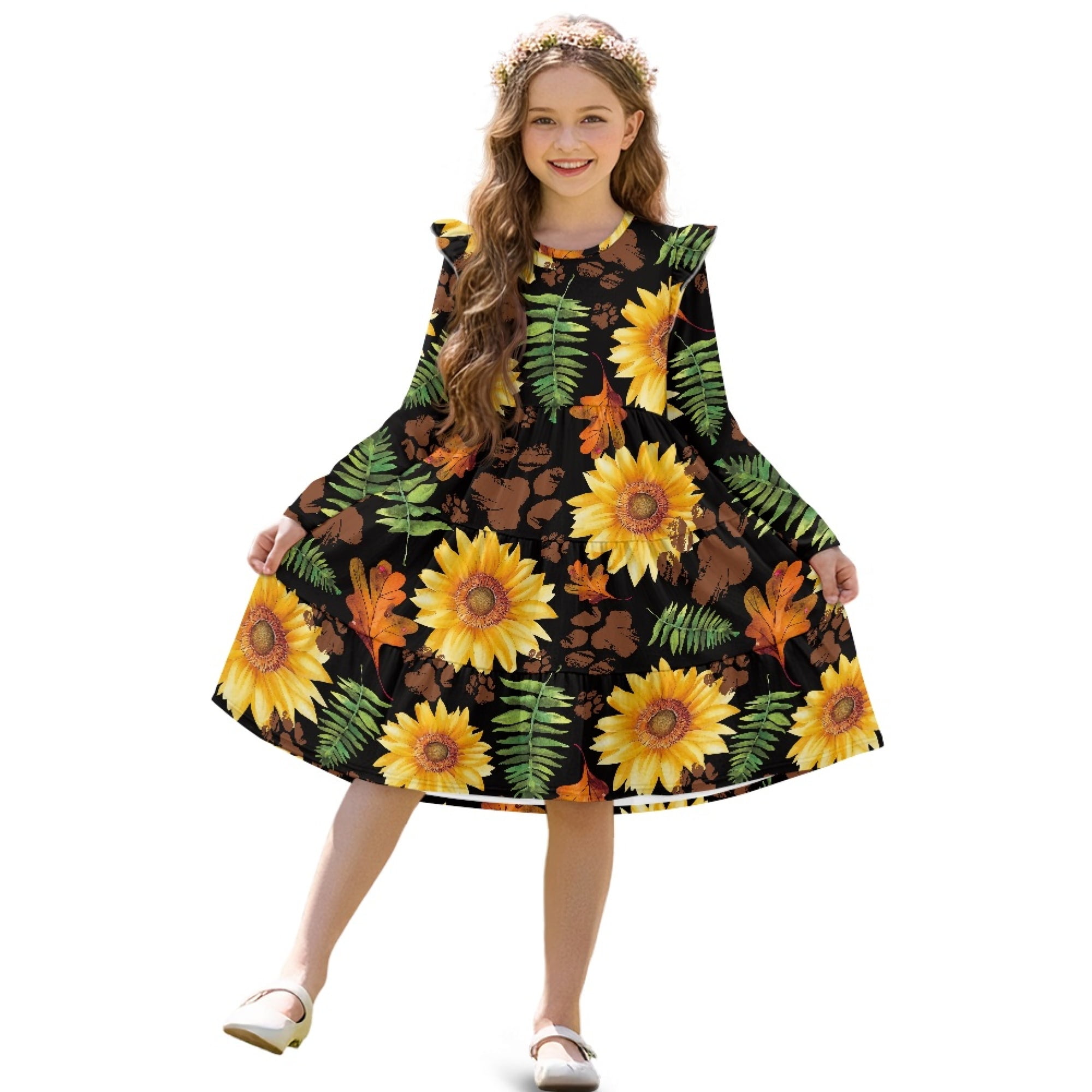 FKELYI Brown Dog Paw Sunflower Print Toddler Girl Long Sleeve Dresses ...