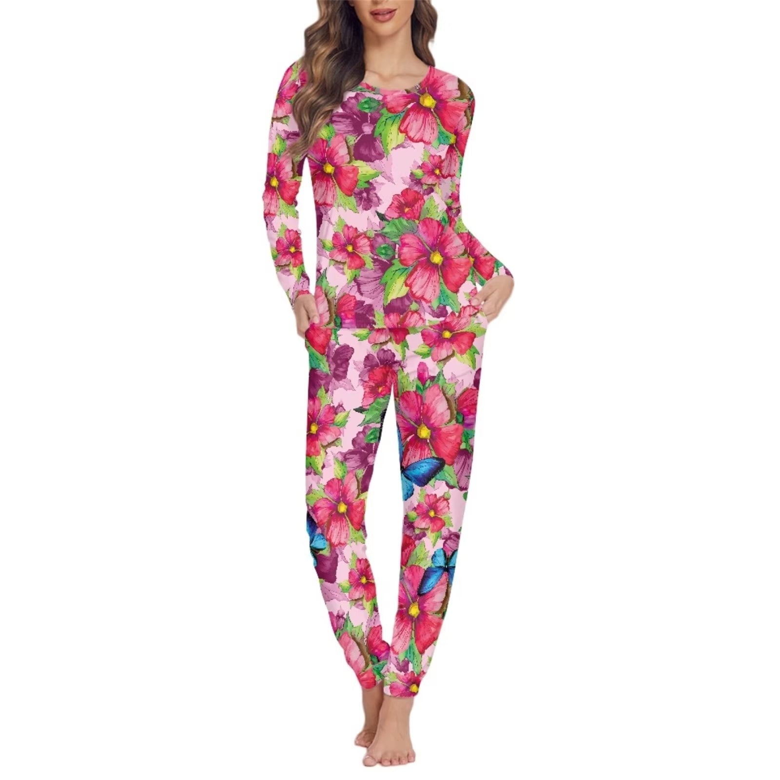 FKELYI Butterfly Women Pajama Size M Stretchy Hibiscus Flower Sleepwear ...
