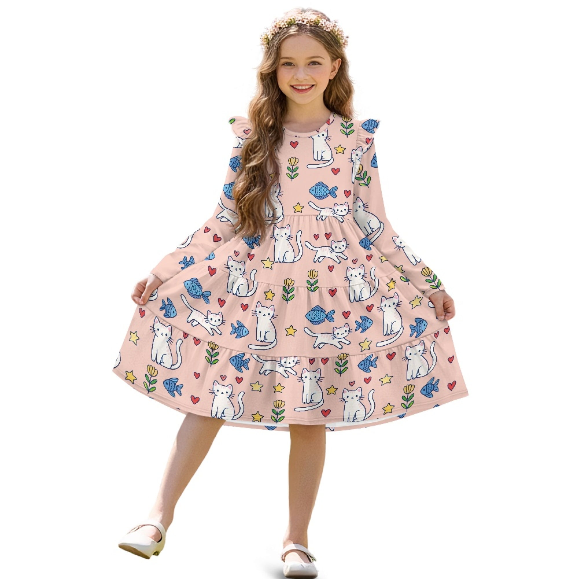 FKELYI Cartoon Cat Star Fish Print Girl Long Sleeve Dress Ruffle Sleeve ...
