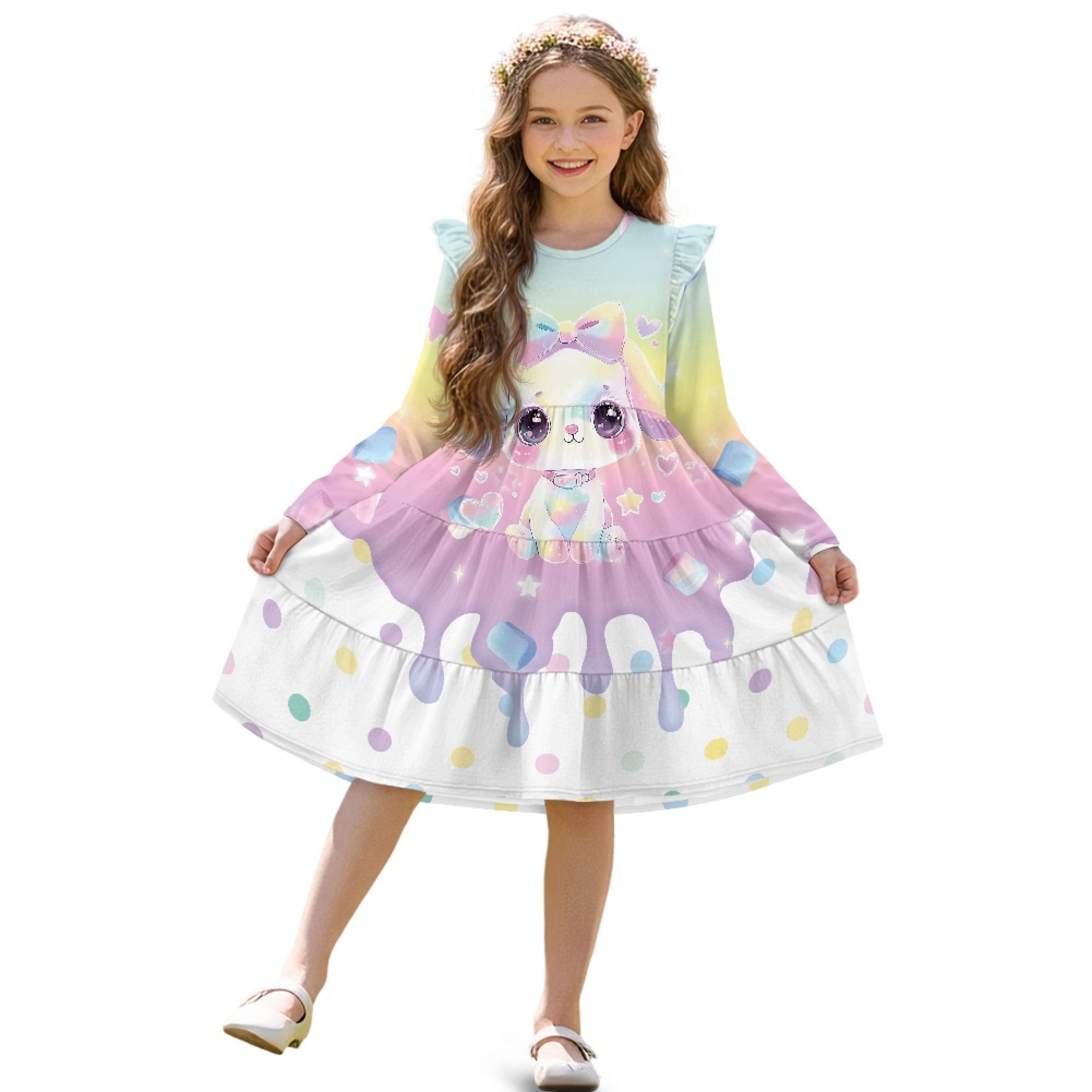 FKELYI Cartoon Cat Star Print Girls Ruffle Sleeve Dress A Line Twirly ...