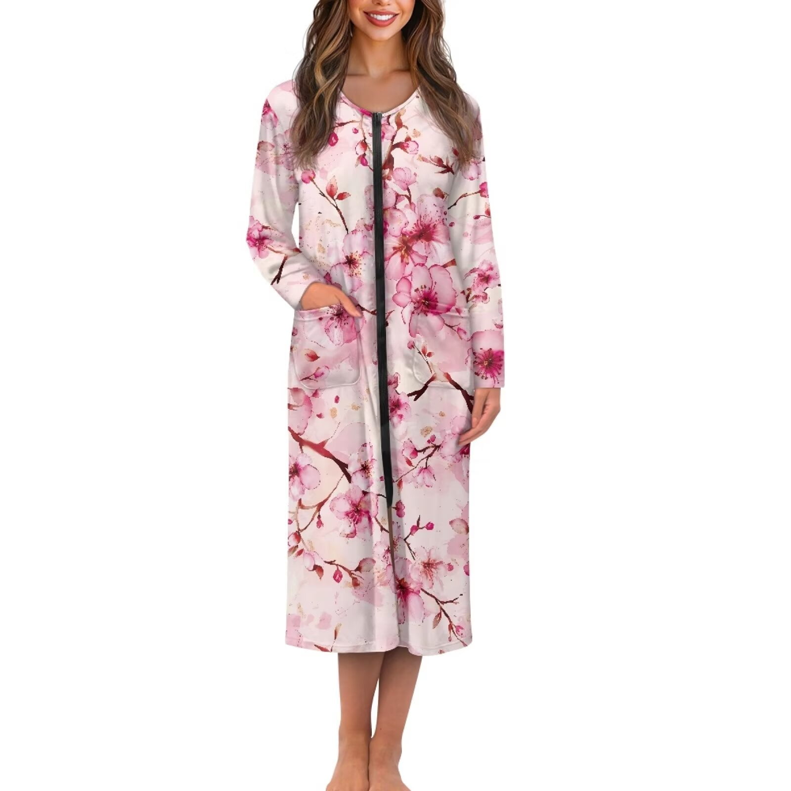 FKELYI Cherry Blossom Print Women Zip Up Robe Nightgowns Comfy ...