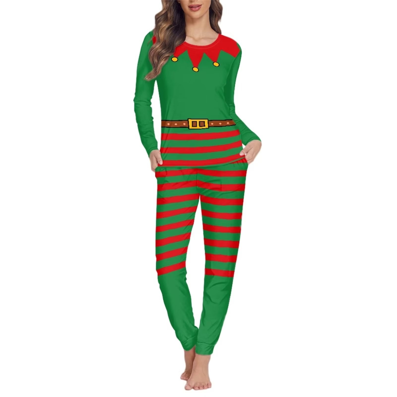 FKELYI Christmas ELF Santa Long Sleeve Pj 2-Piece Elastic Pullover ...
