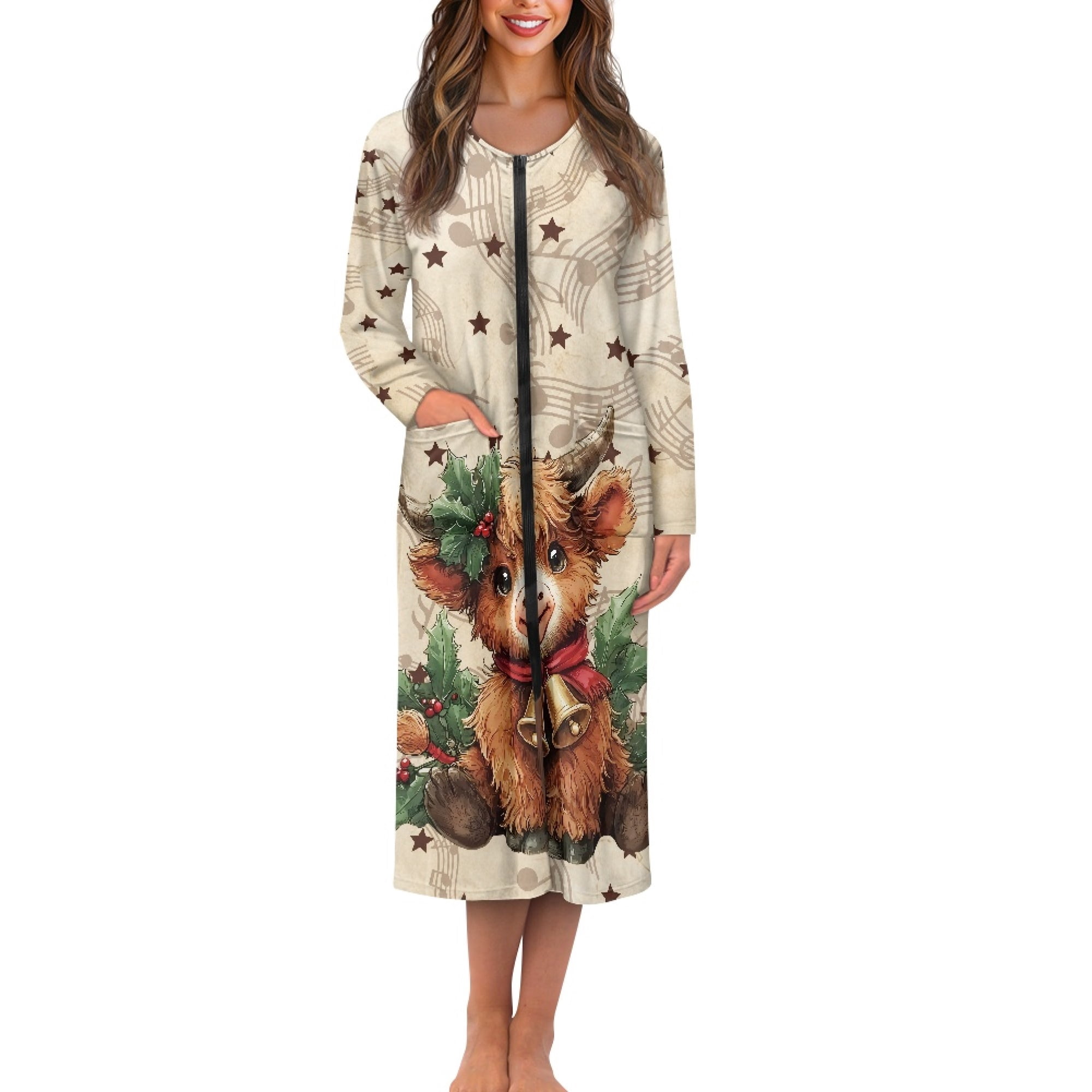 FKELYI Christmas Highland Cow Musical Note Print Women Zip Up Robe ...