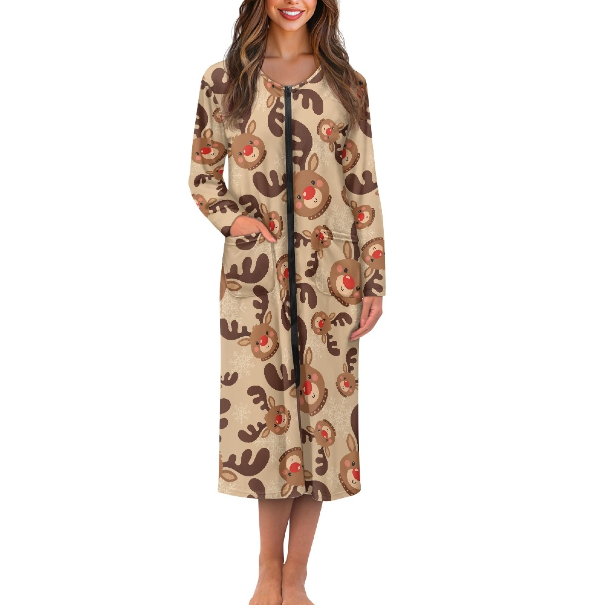 FKELYI Christmas Reindeer Elk Print Zipper Front Nightgowns Full Length ...