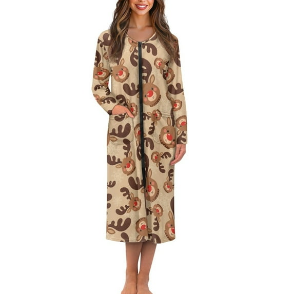 FKELYI Christmas Reindeer Elk Print Zipper Front Nightgowns Full Length ...
