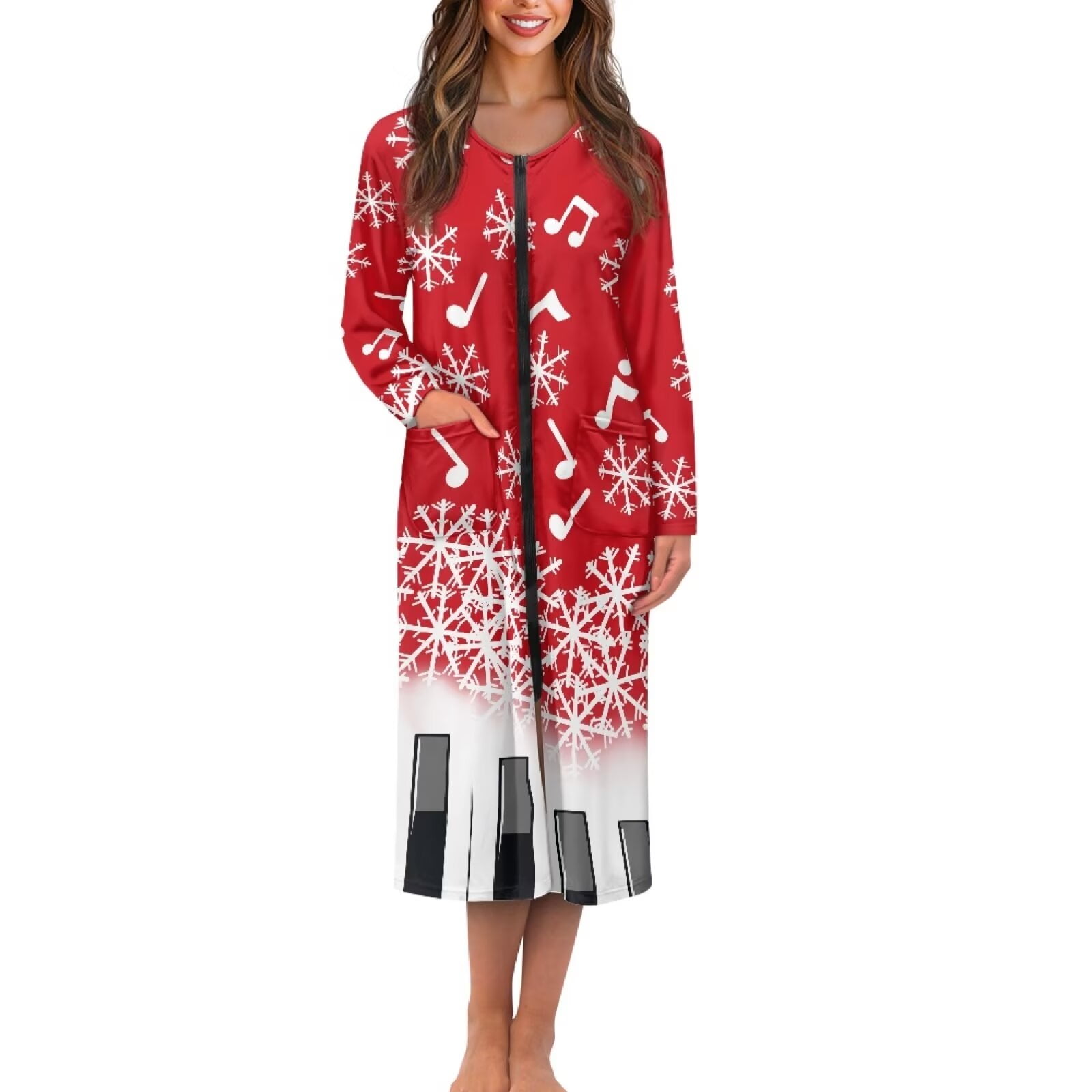 FKELYI Christmas Snowflake Print Zipper Front Nightwear Dress Full ...
