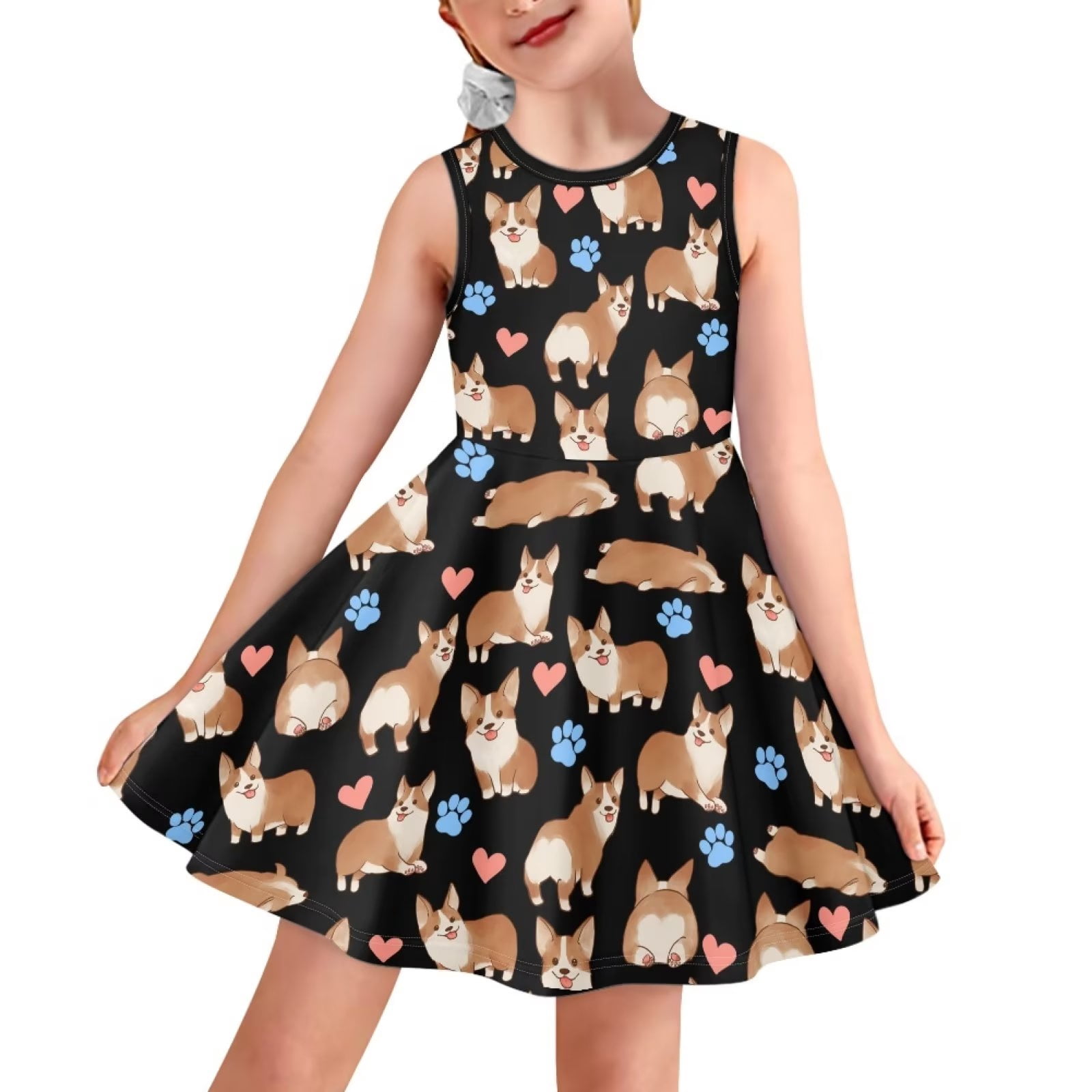 FKELYI Cute Corgi Paw Girls Sleeveless Dress Size 9-10 Years Casual ...