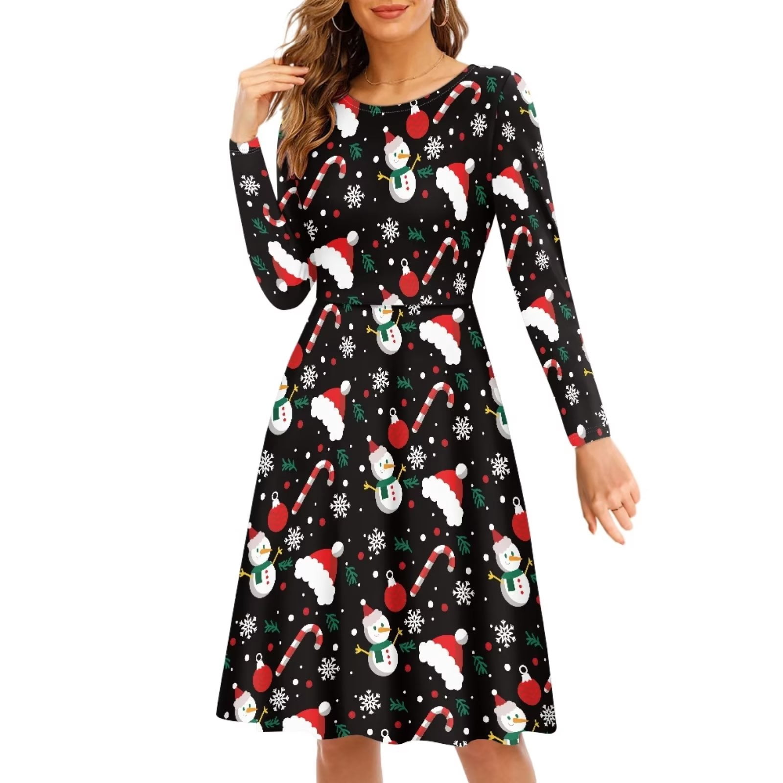 FKELYI Cute Snowman Women Dress Size L Christmas Candy Cane A Line ...